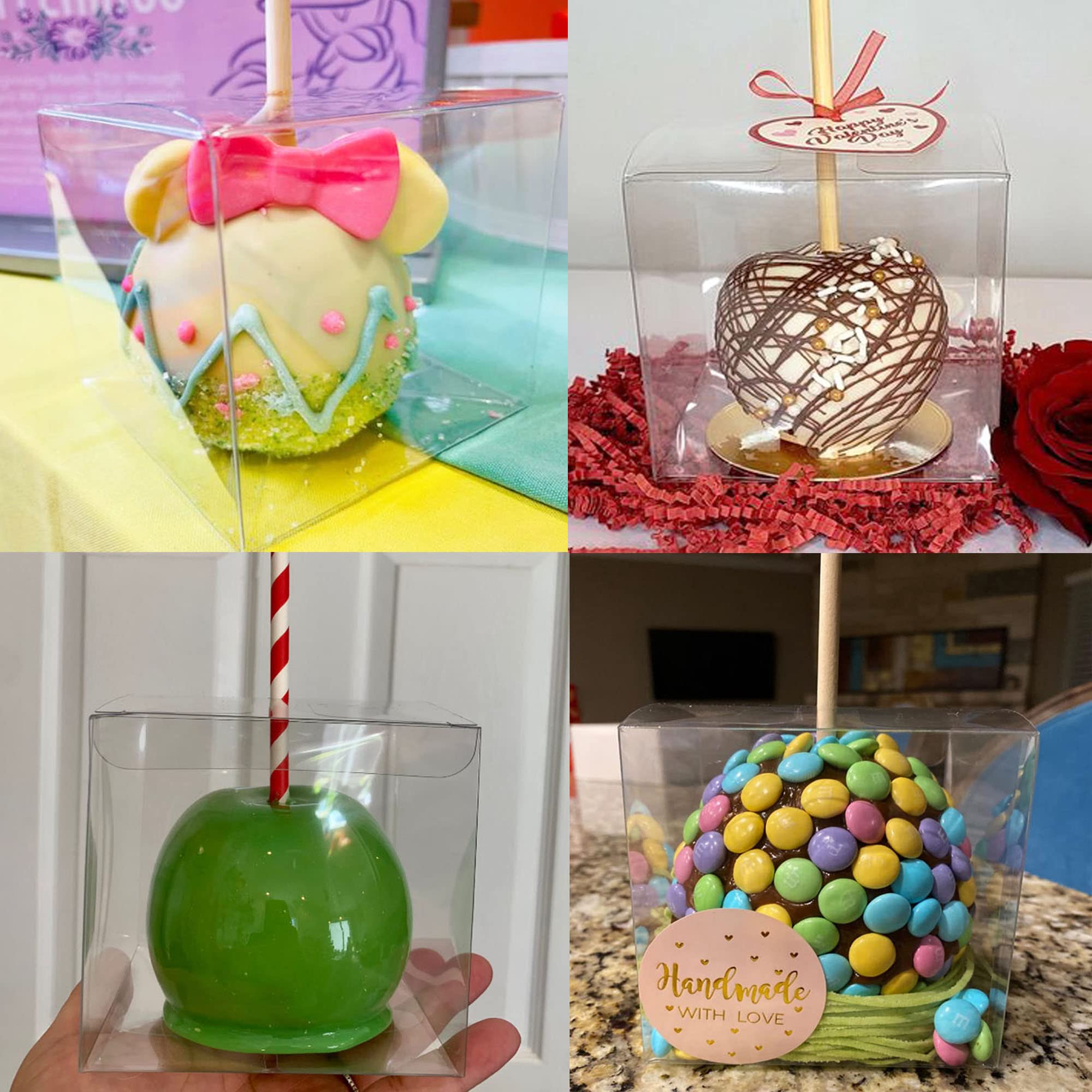 XP-ART 30 Pcs Candy Apple Boxes with Bamboo Apple Sticks, Clear Caramel Apple Box Plastic Gift Cookie Makaron Cupcake Packaging for Treats, Party Favors, 4" L x 4" W x 4" H