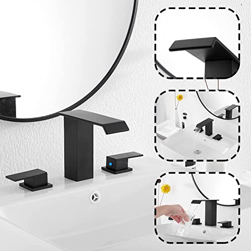 Waterfall Bathroom Faucet Matte Black Widespread GGStudy 3 Holes 2 Handle Black Modern Bathroom Sink Faucet with Pop Up Drain