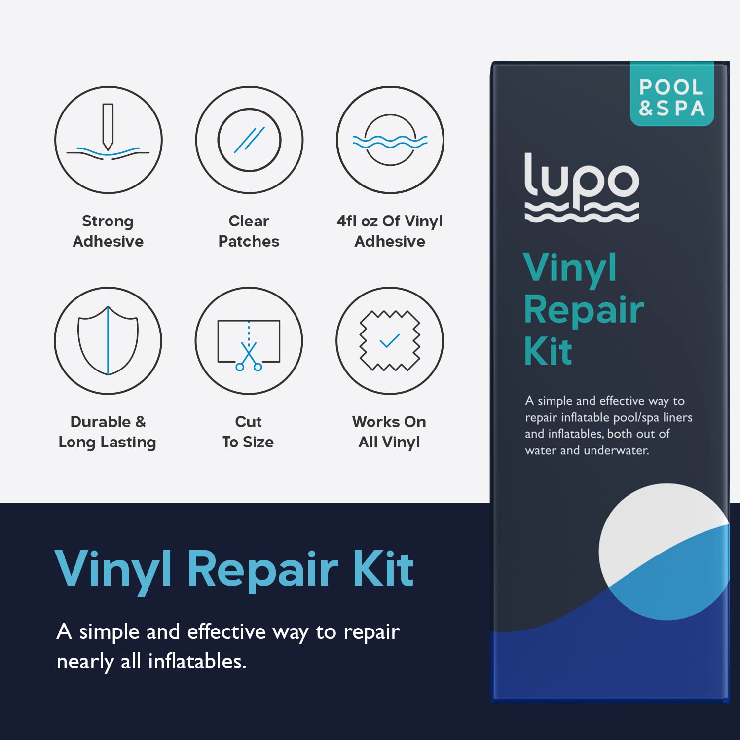 Lupo 4 fl. oz. 15 Piece Heavy Duty Vinyl Repair Kit for Above Ground Swimming Pool Liners, Hot Tubs, Inflatables, Air Beds (Repair Patches, Glue and Application Tool)