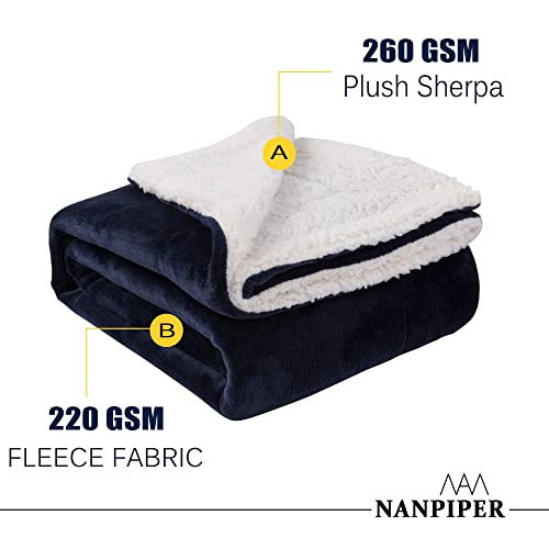 NANPIPER Sherpa Blanket, Super Soft Fuzzy Flannel Fleece/Wool Like Reversible Velvet Plush Blanket, Thick Warm Blanket for Winter (Twin Size 60"x80", Navy Blue)