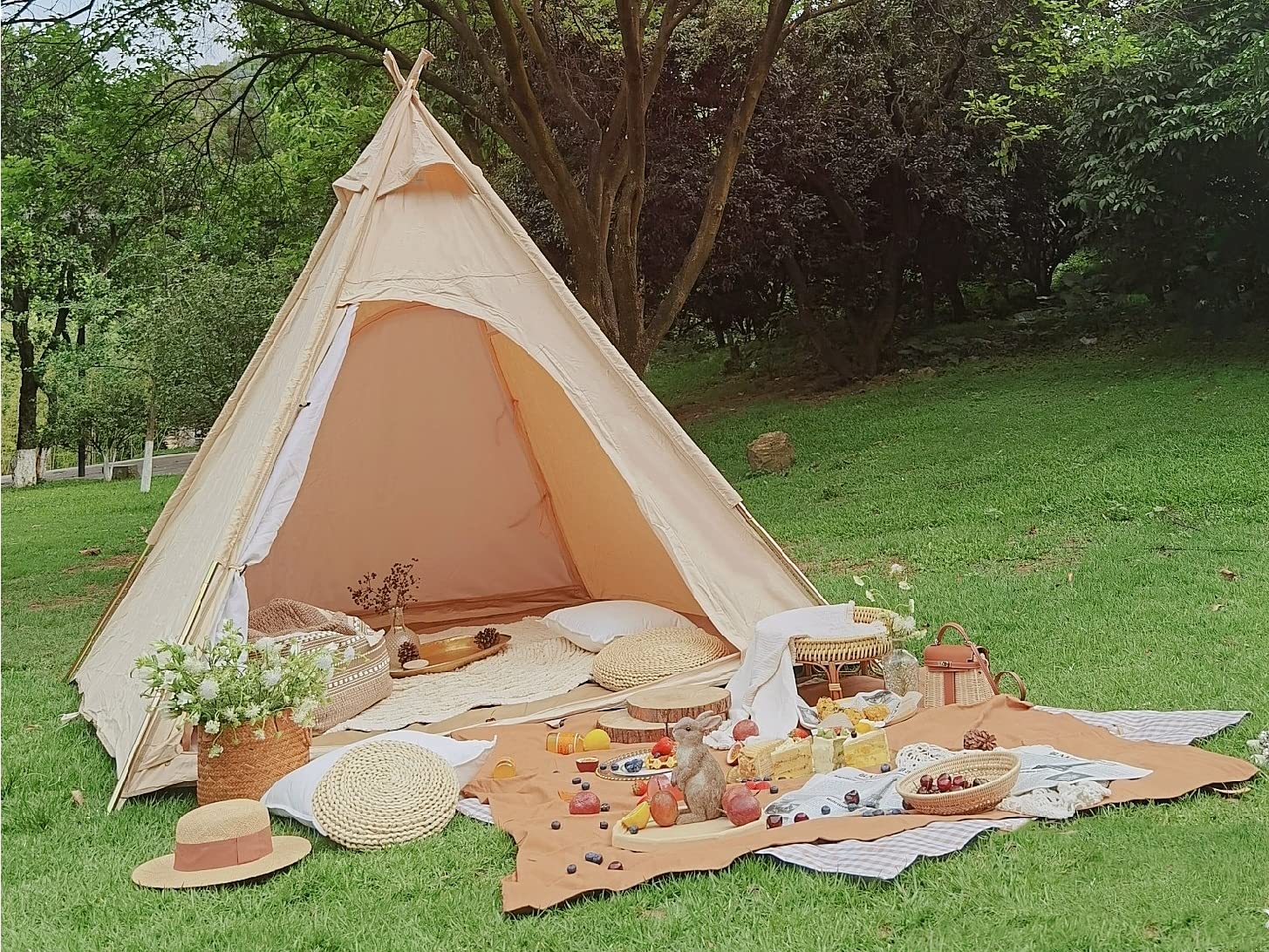 SIBORTER 2~3 People Outdoor Beige Cotton Canvas Camping Tent Pyramid Teepee Tent for Family