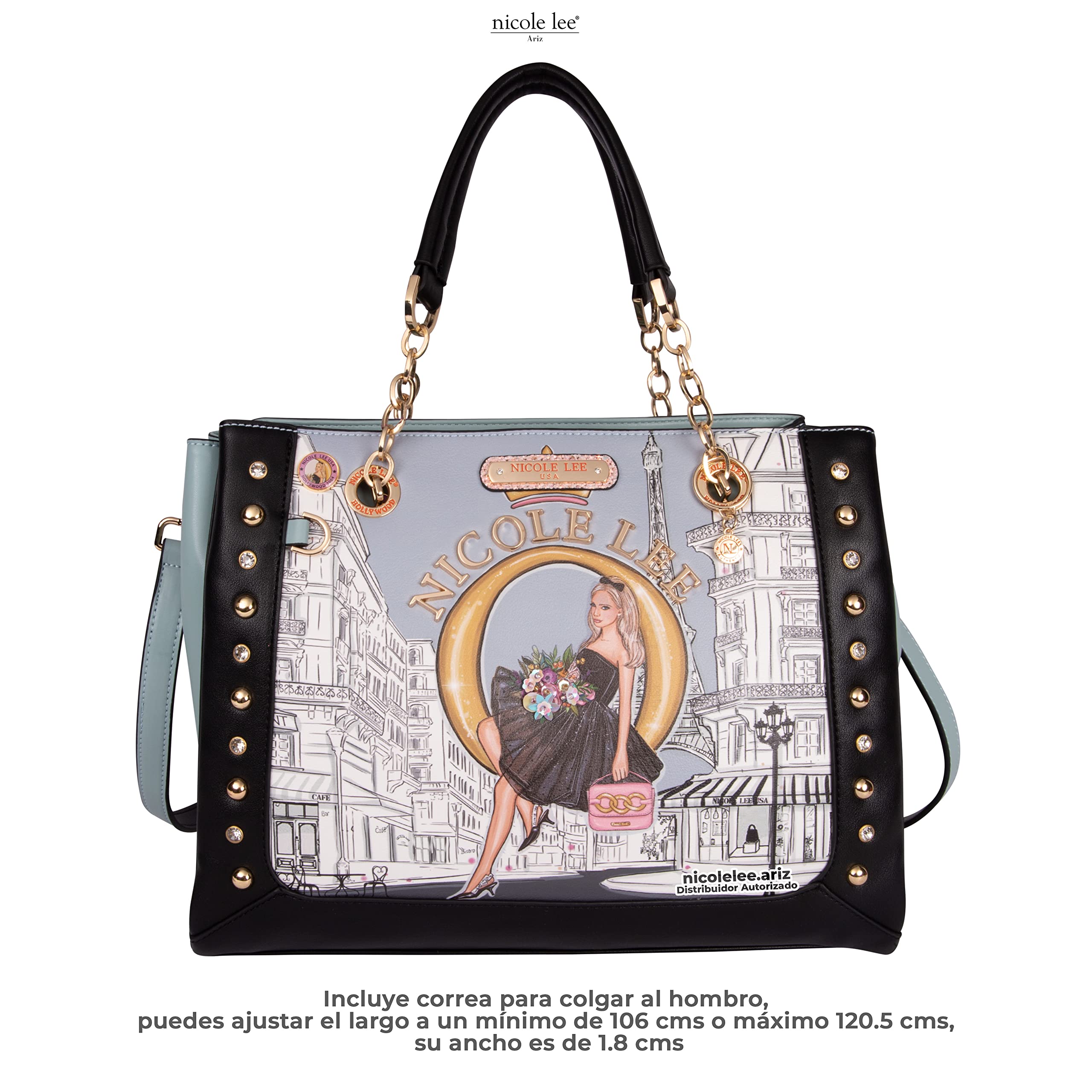 Nicole Lee Dreaming the City Fashion Print Medium Satchel, 3 Compartents, Chain Link Handles, Rhinestone Flower Sequins