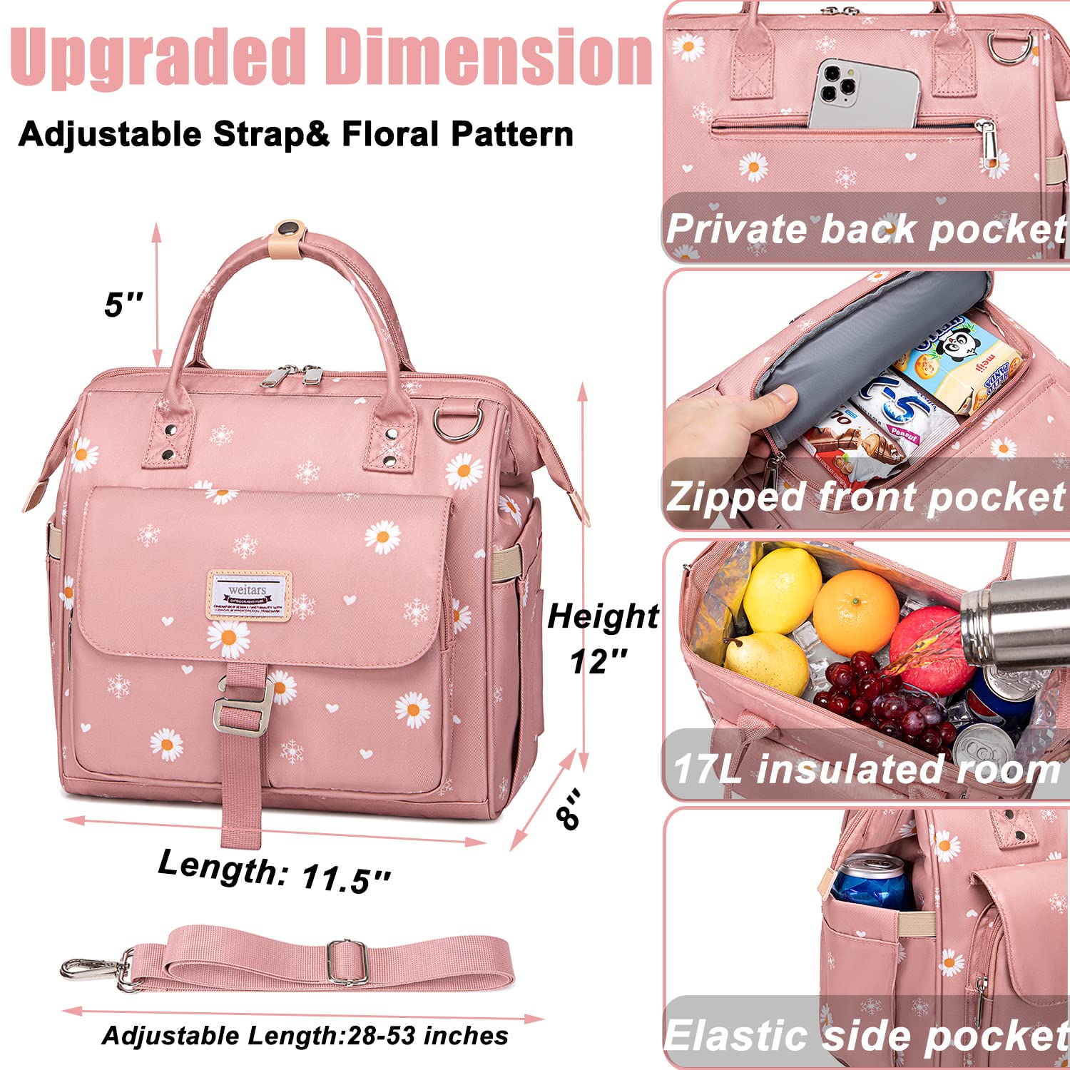 Weitars Lunch Bag for Women,Floral Insulated Lunch Box Lunch Tote,Wide-Open Lunch Purse with Removable Shoulder Strap,Lunchbag for Work Picnic Hiking
