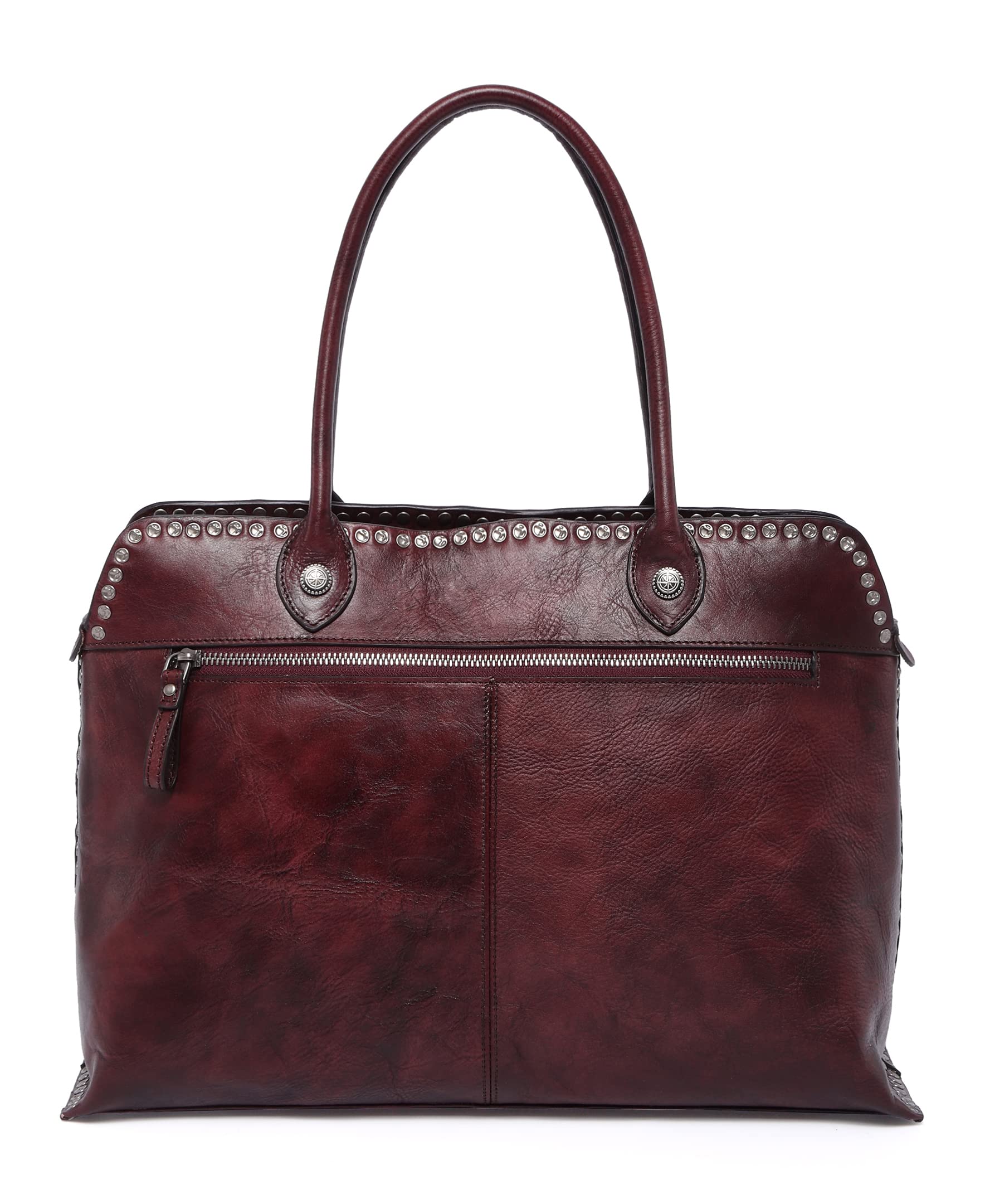 OLD TREND Genuine Leather Soul Stud Satchel Tote Bag Office Daily Handbage (Rusty Red)