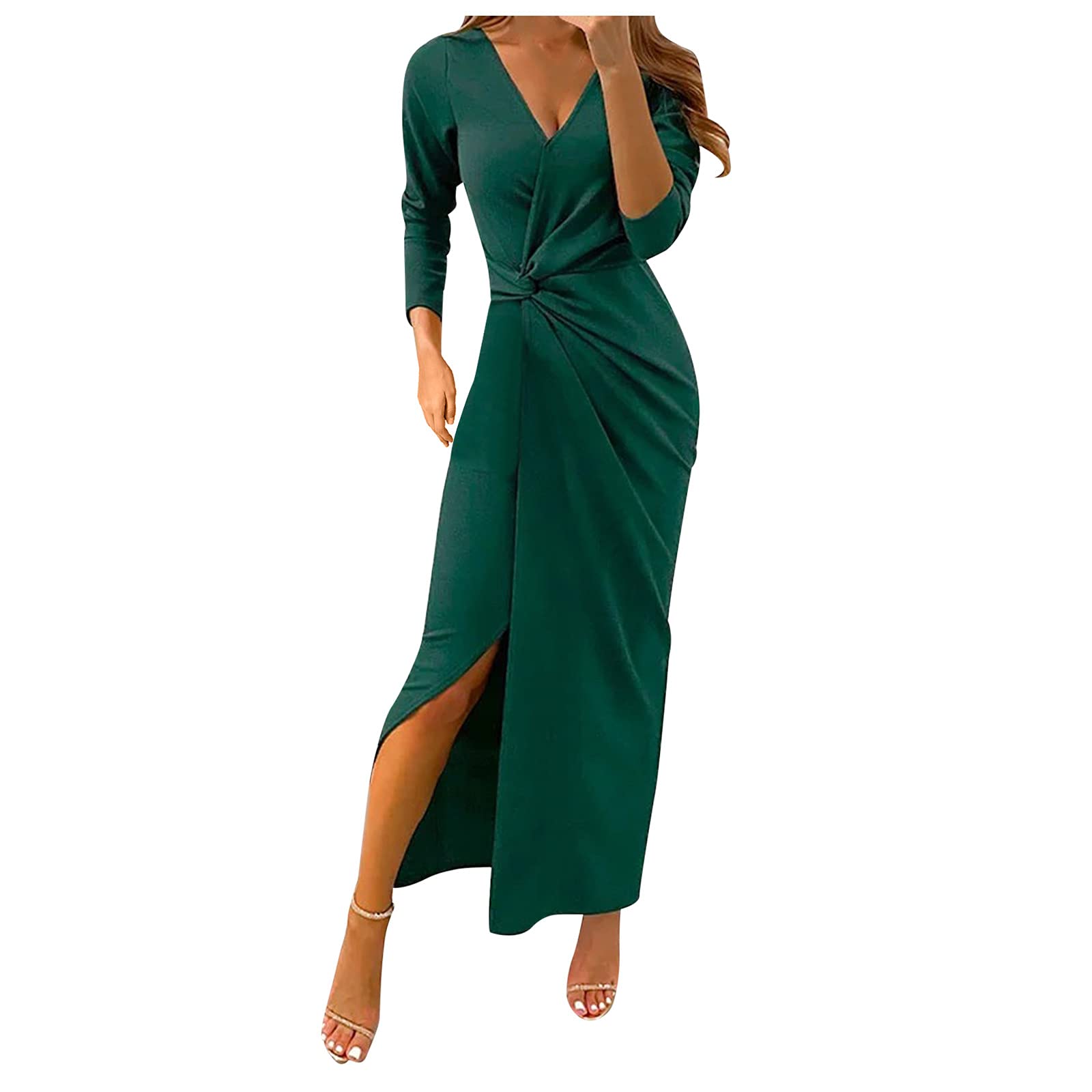 Side Split Long Sleeve Dress for Women Deep V Neck Front Twist Knot Waisted Shift Dres Solid Color Prom Dress
