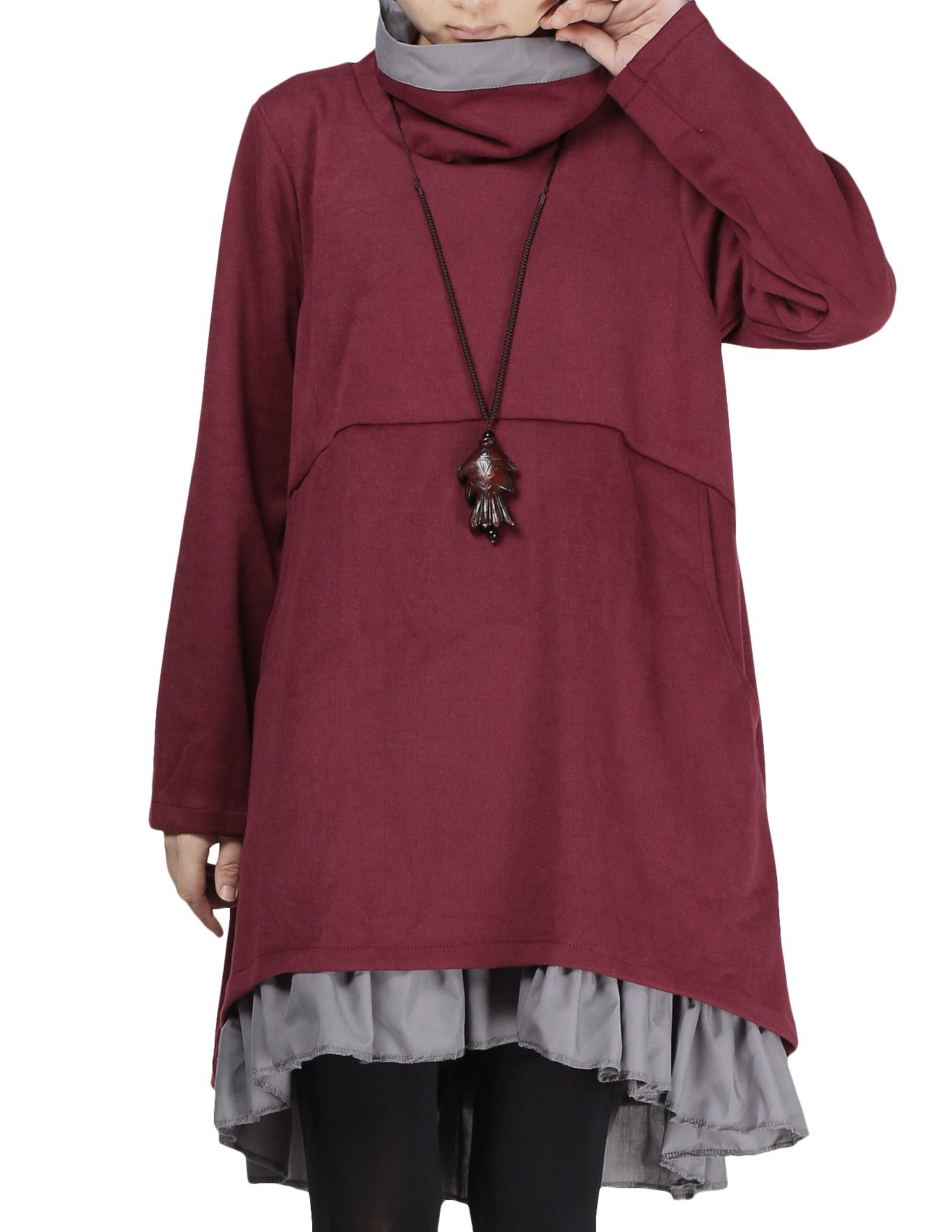 Mordenmiss Women's Flared Layers Dress Hi-Low Ruffle Hem Tunic Top M Burgundy