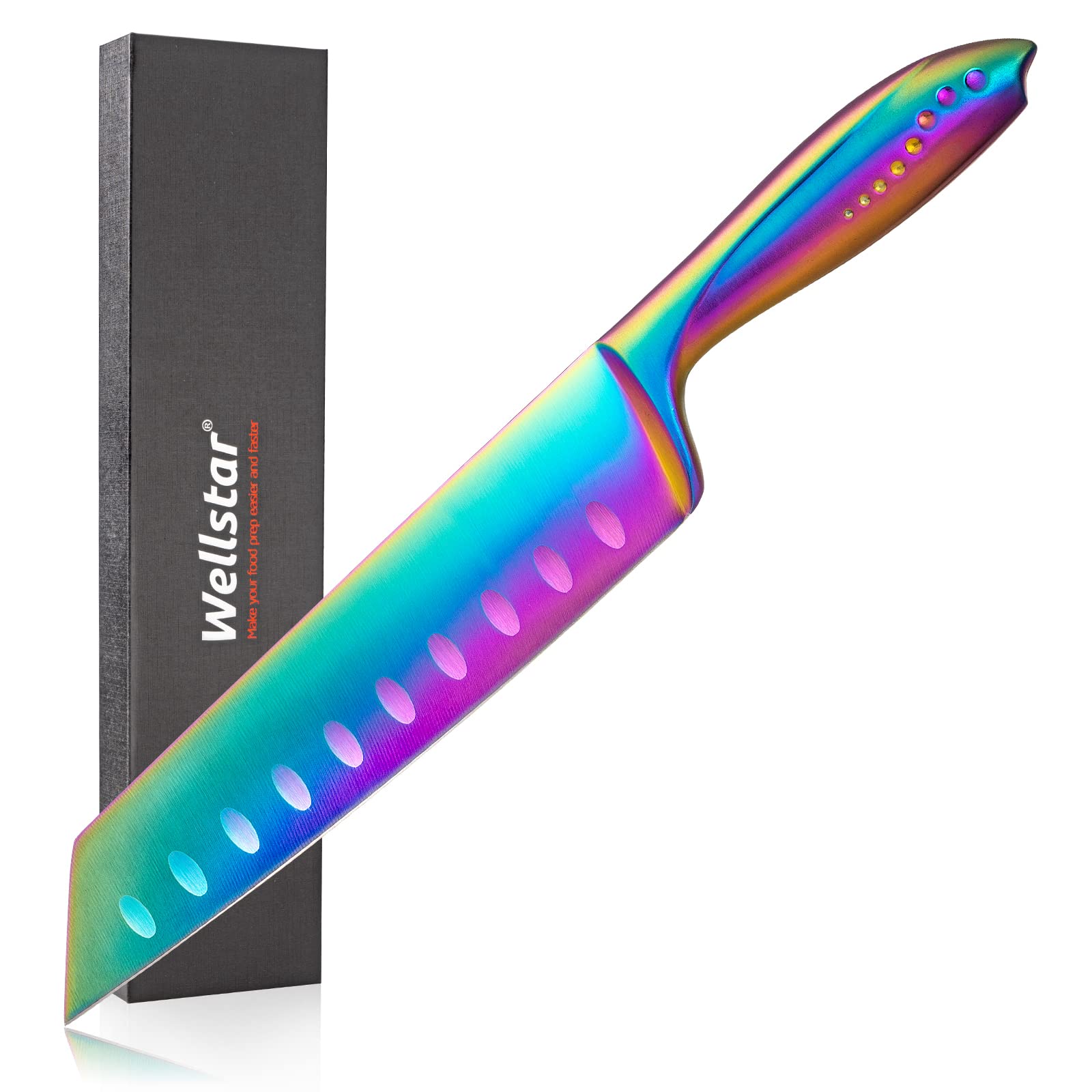 WELLSTAR Kiritsuke Chef Knife 8 Inch, Razor Sharp German Steel Blade and Comfortable Handle with Rainbow Titanium Coated for Kitchen Food Cutting Slicing Dicing, Asian Vegetable Meat Cooking Knife