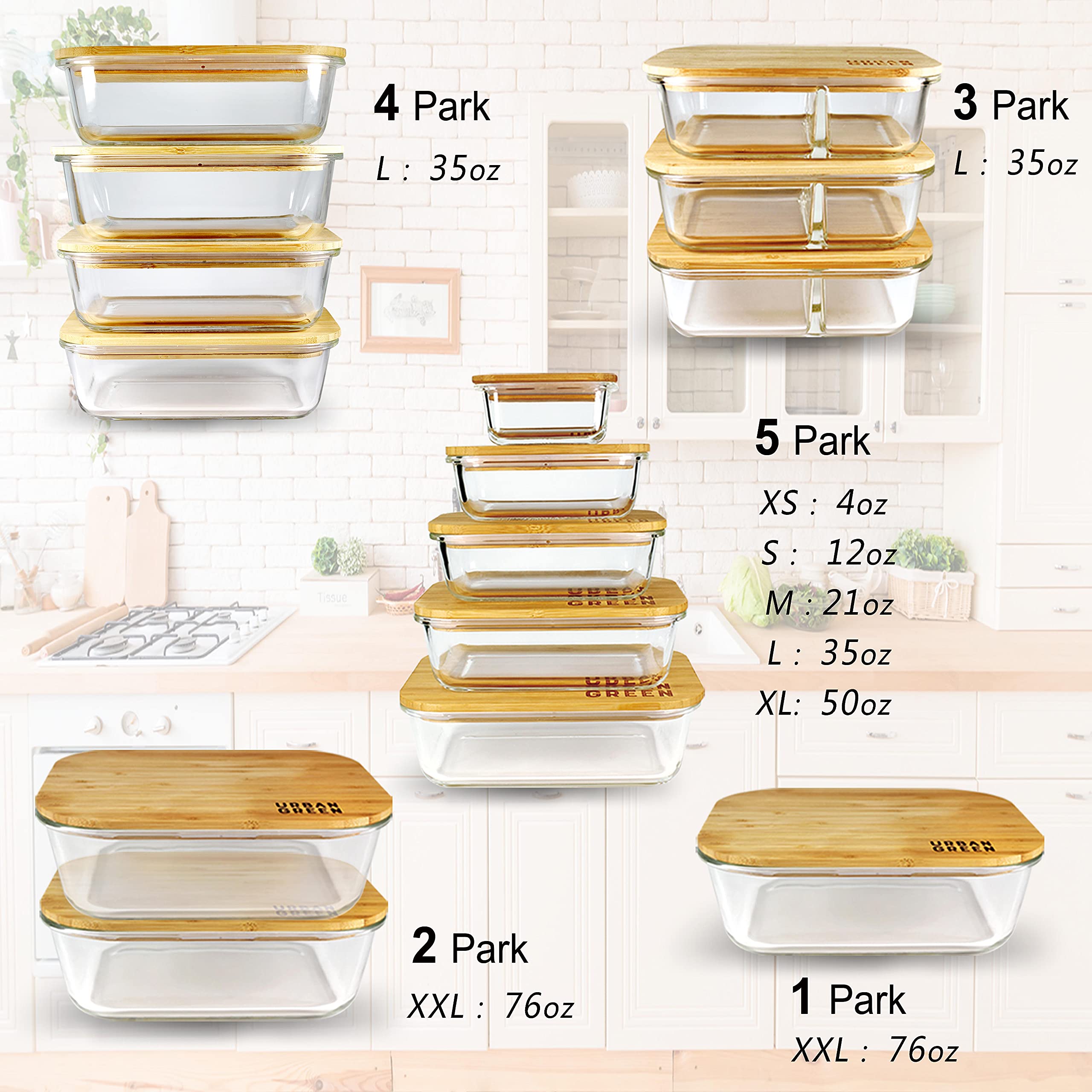 Urban Green Glass Containers with Bamboo Lids, Meal Prep Glass Containers, Glass Food storage Containers, 5 Pack, Pantry & Kitchen Glass Organizer, Lunch glass container, Microwave Oven Freezer Safe