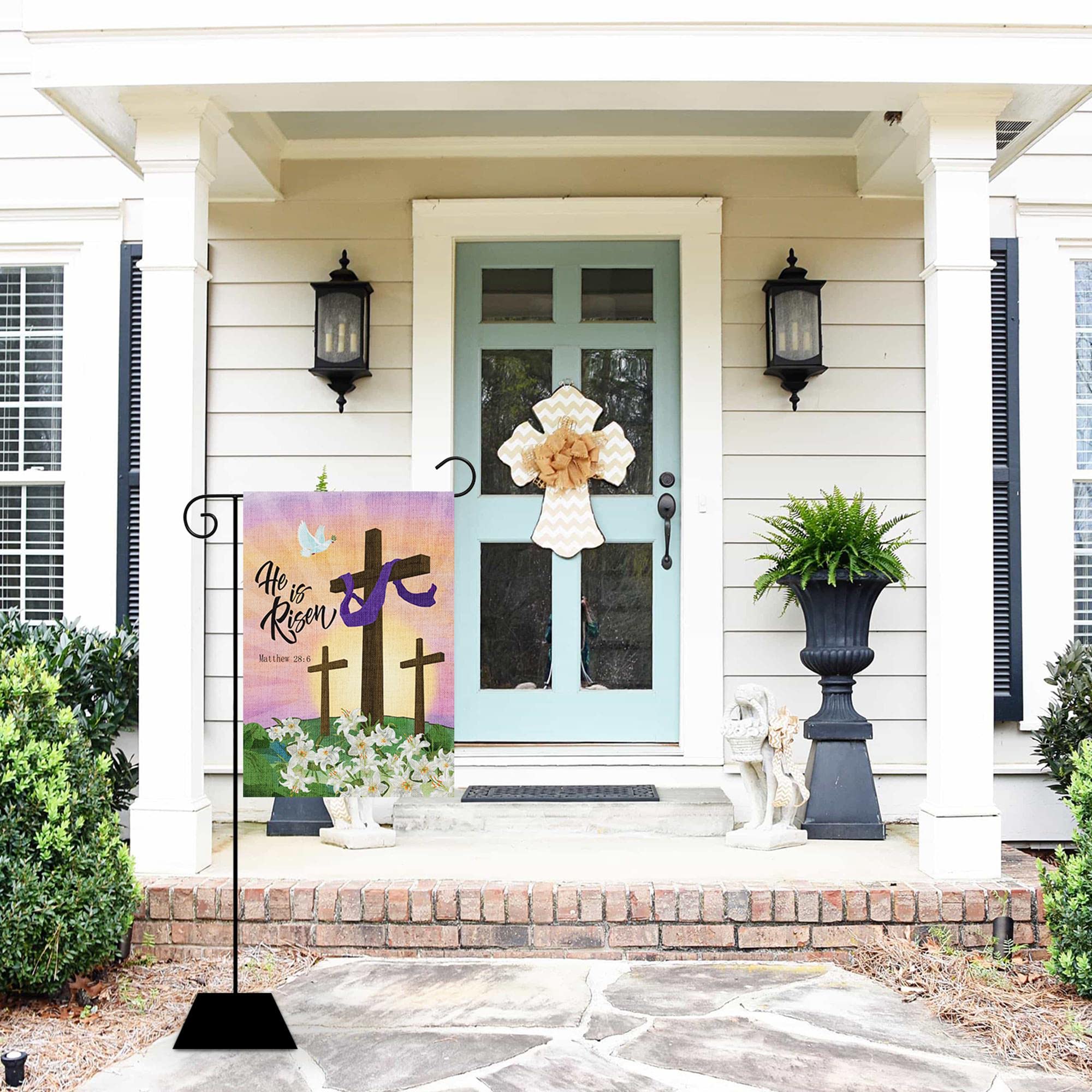 WATINC He is Risen Garden Flag Easter Cross Burlap Matthew 28:6 Vertical House Flag Double Sided Happy Easter Religious Jesus Christian Party Decorations Supplies for Lawn Yard Outdoor 12 x 18 In