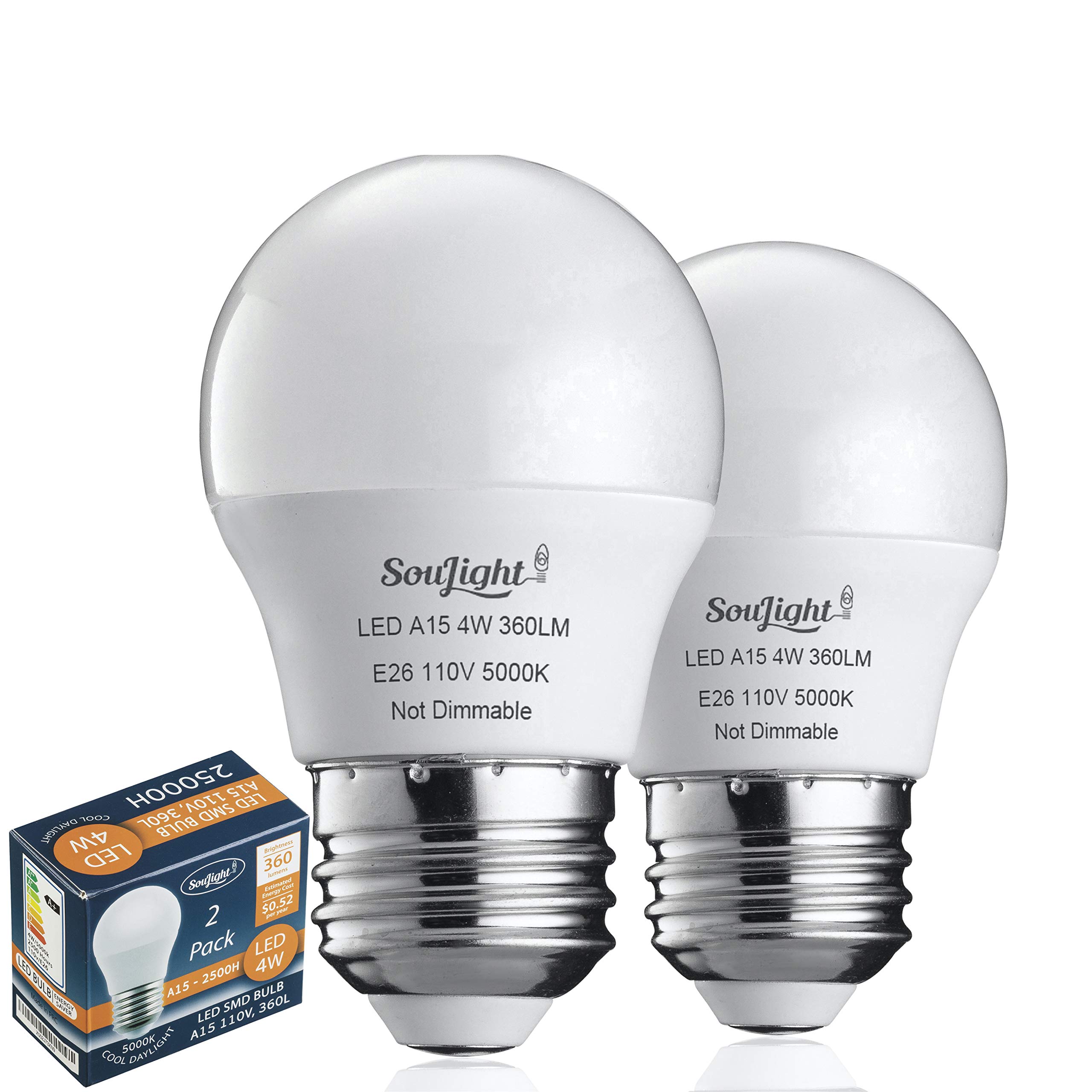 Refrigerator Light Bulb LED - SMD A15 4W 40Watt Equivalent - Waterproof E26 Base - 5000K Daylight White - 360 Lumen - Energy Saving β 4W Led Appliance Bulb - Replacement Bulbs - 2 Pack