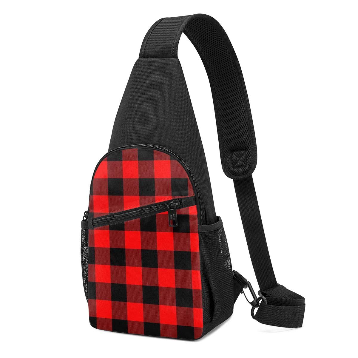 QIUYELONG Sling Backpack,Travel Hiking Daypack Pattern Rope Crossbody Shoulder Bag Red and Black Buffalo Plaid Printed