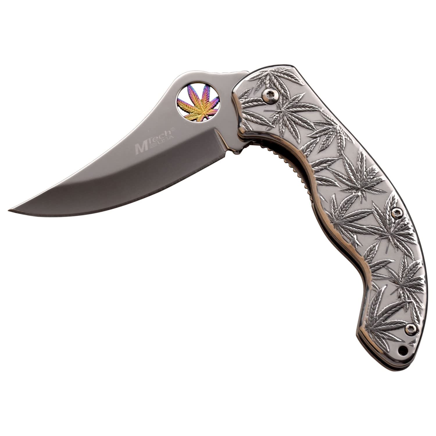 MTECH USA - Folding Knife - Mirror Polished Stainless Steel Blade w/Marijuana Leaf Cut Out, Polished Steel Handle w/Stamped Leaf Design, Pocket Clip, Liner Lock โ MT-A1172MR