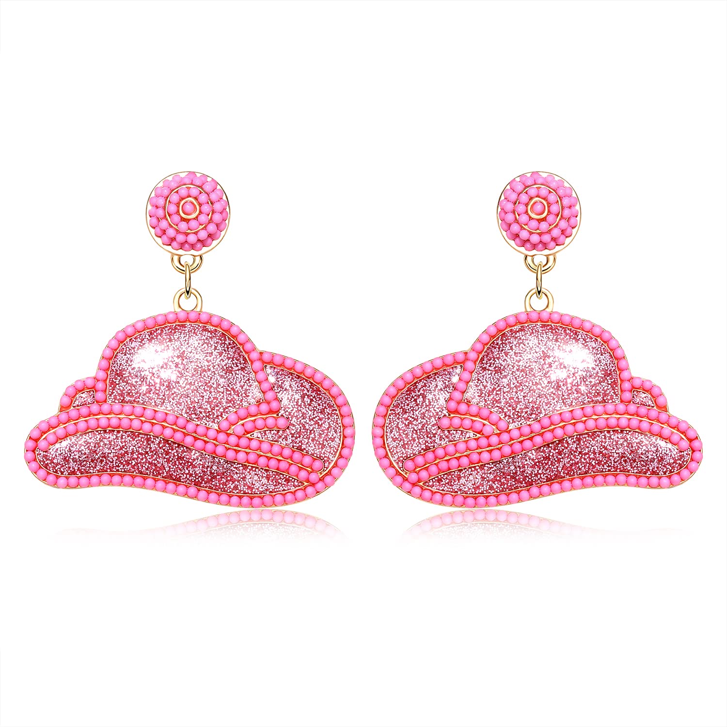 UYT Glitter Beaded Earrings Fun Western Cowgirl Hat Earrings Western Cowboy Wedding Drop Dangle Earrings for Women Bridal Shower Fashion Jewelry Gift (pink)