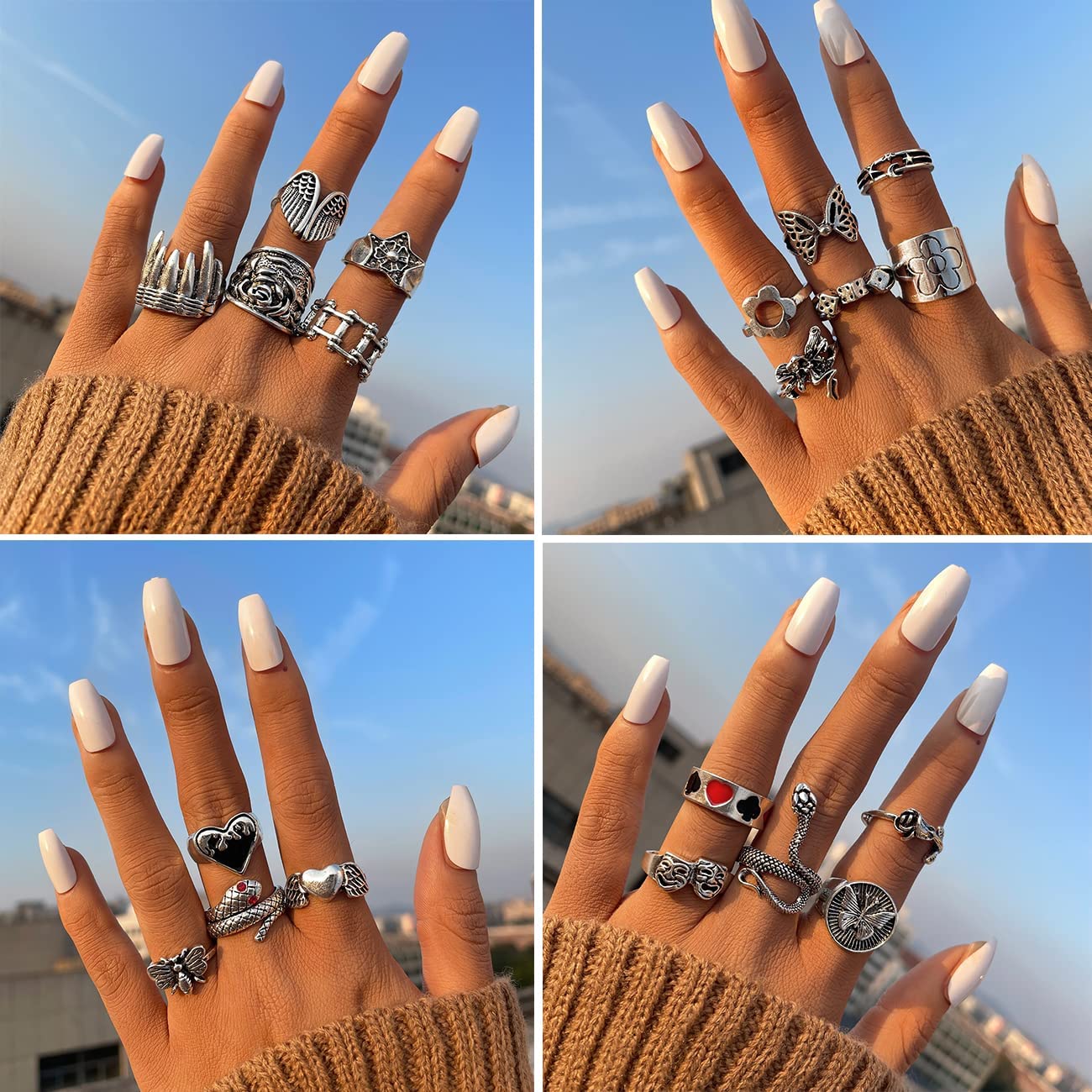 Silver Goth Punk Rings Set for Men Girls Women, Cool Gothic Ring Pack, Vintage Stackable Animal Rings Bulk, Boho Chunky Knuckle Emo Rings, Open Snake Butterfly Ace Eboy Y2K Accessories (31 pcs)