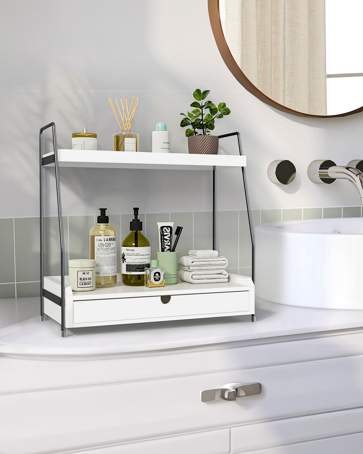 MONVANE 2-Tier Bathroom Organizer Countertop - Solid Wood Bathroom Counter Organizer with Drawer, Simple Standing Vanity Tray for Bathroom Organization and Bathroom Storage (White and Black)