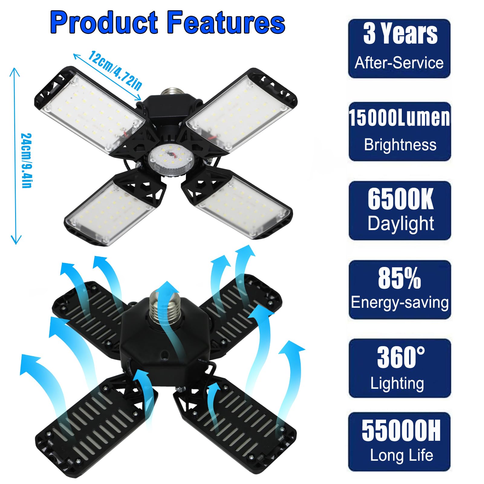 QiyuanLS 2 Pack 60W LED Garage Lights, Deformable Garage Light with 3 Adjustable Wings, 6000LM, E26 LED Shop Light, Barn Light, High Bay Light, Ceiling Lighting Fixture for Warehouse