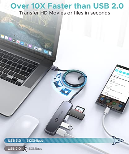 USB Splitter 3.0, WARRKY 4 Port USB Hub for Laptop [3FT Braided Cable, Aluminum Shell] Ultra-Slim Multi USB Port, Compatible with PC, Desktop, Surface Pro, MacBook, Flash Drive, PlayStation, Xbox