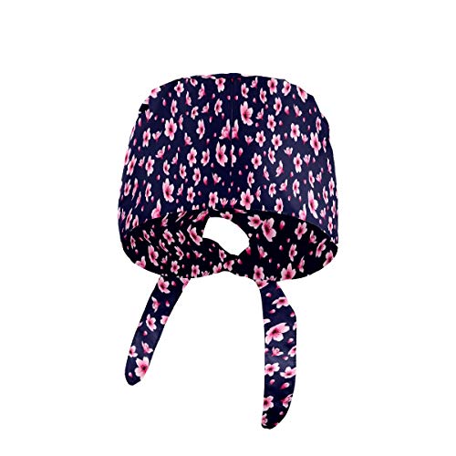 Printed Working Cap Pink Plum Blossom with Buttons, Adjustable Working Hat Sweatband for Women Men