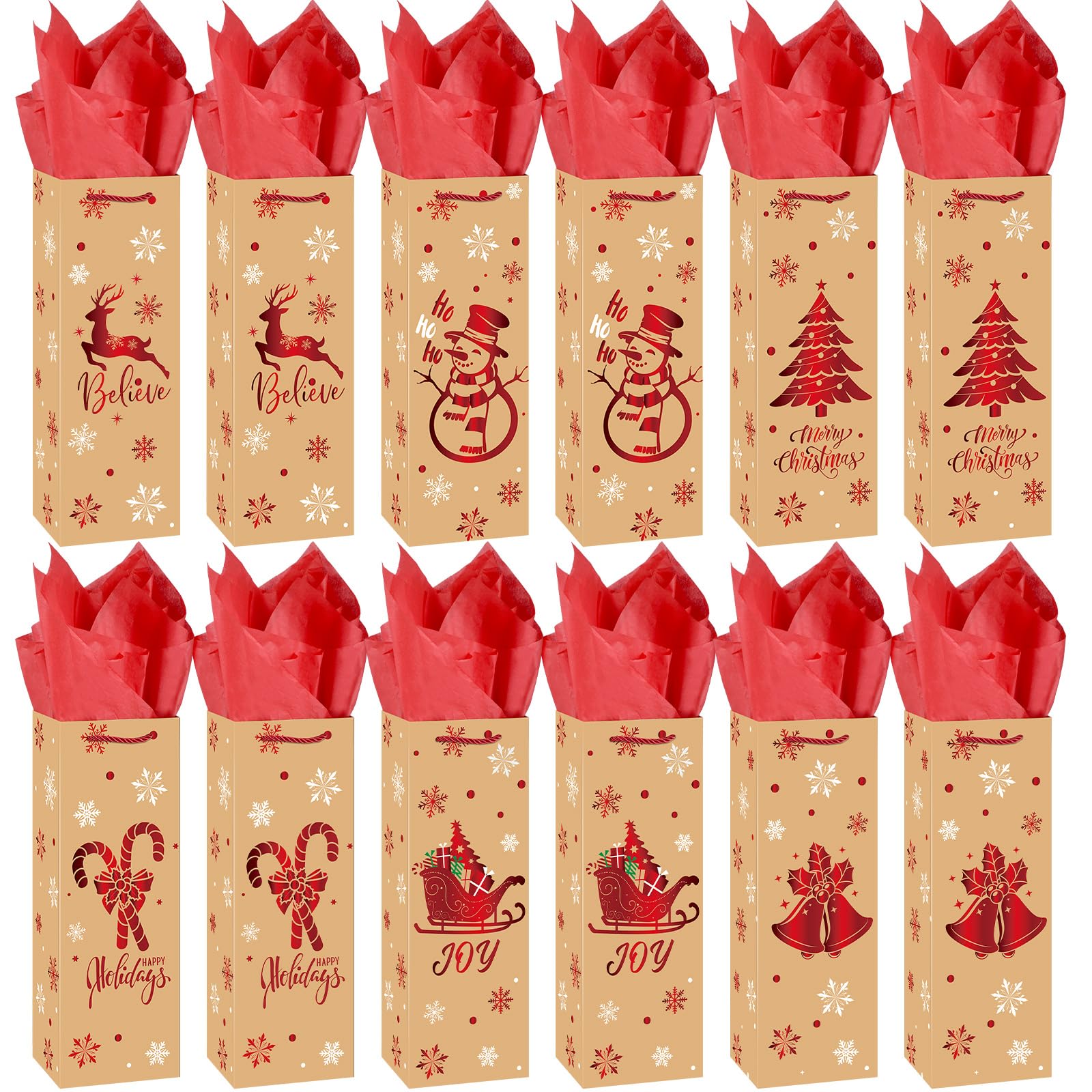 Pasimy 12 Pcs Christmas Wine Bags with Tissue Paper Christmas Red Foil Kraft Paper Wine Gift Bags with Handles Paper Assorted Design Wine Bags Gift Holiday for Bottle Wrapping Birthday Wedding Party