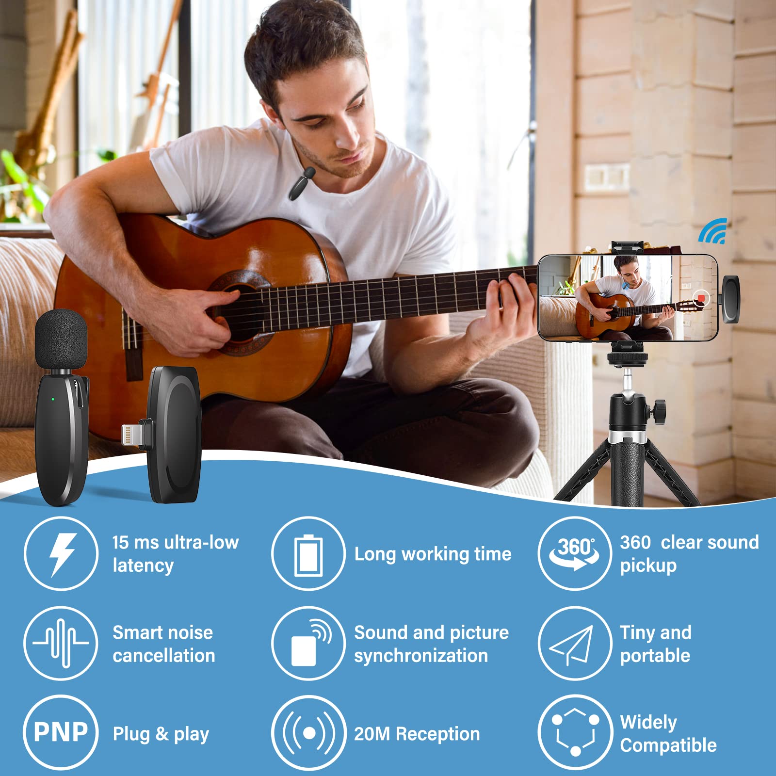 Wireless Lavalier Microphone for iPhone iPad Plug&Play Auto-sync Noise Reduction Lapel Mic Professional Video Recording Clip-on Lav Mic for Live Stream YouTube TikTok Facebook Interview (ONE CLIP)