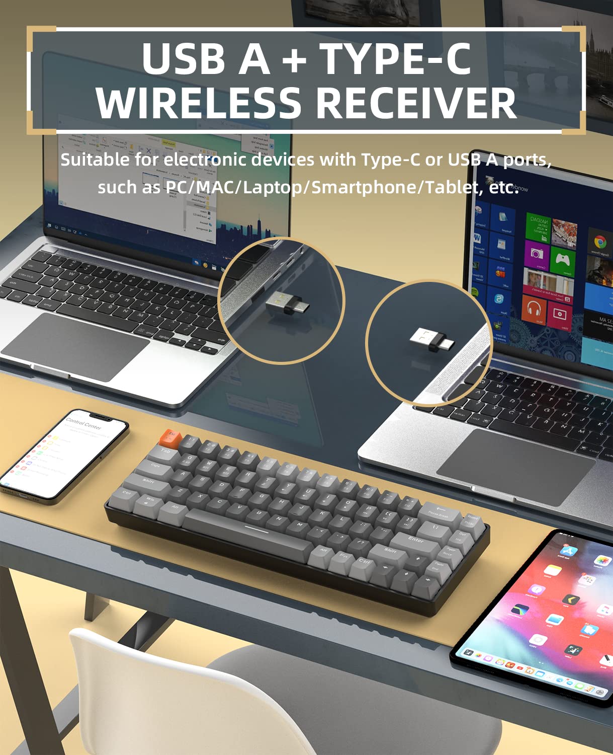 ZIYOU LANG RK68 60% Wireless Mechanical Keyboard,Bluetooth 5.0/2.4Ghz Dual Mode Receiver,Hot-Swappable mini 68-Key,Retro Color Keycaps,Clicky Blue Switch,Ultra Power Saving for PC PS4 Xbox iPhone ipad