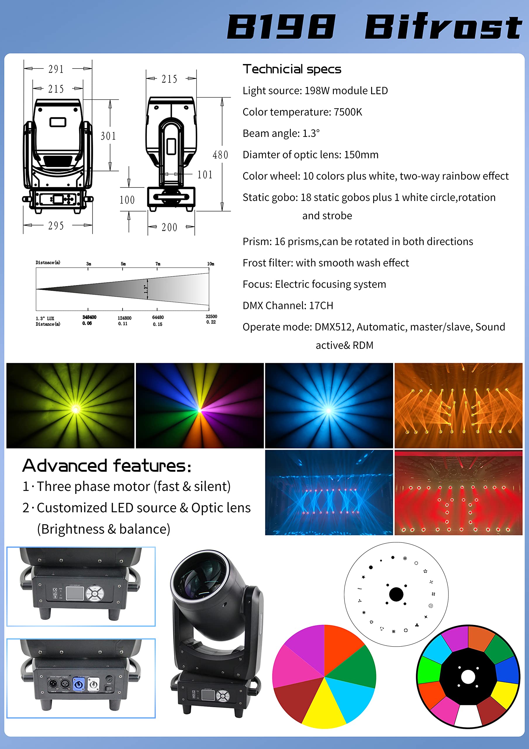 V-Show 198W LED Module Beam Moving Head Light with halo-Stage Moving Beam Head for Disco Club Party Stage Lighting Shows