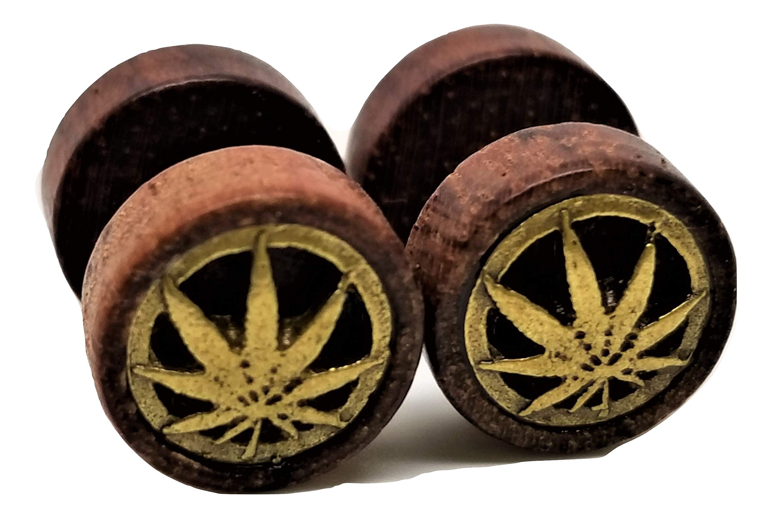 Organic Wood w/Metal Pot Leaf Emblem Stud Post Earrings - New - Pair!