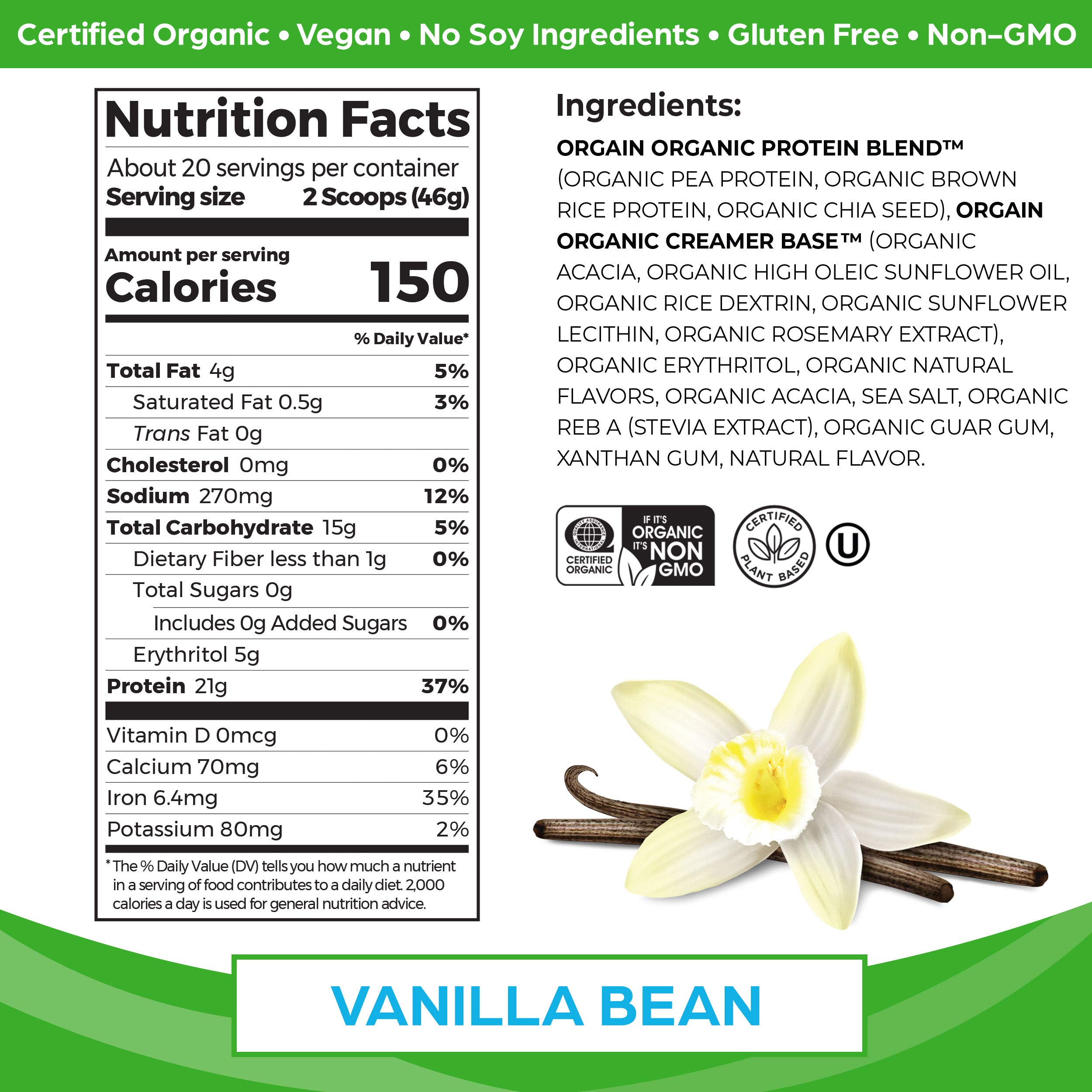 Orgain Organic Vegan & Organic Protein + Superfoods Powders, Vanilla Bean Flavors - Plant Based Protein, Gluten Free