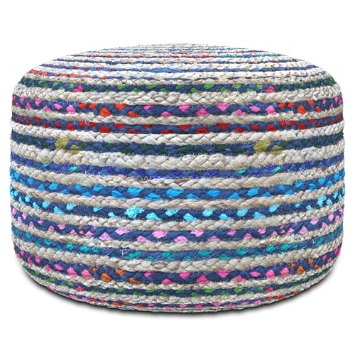 SIMPLIHOME Margo 20 Inch Wide Boho Round Pouf in Blue Braided Jute, for The Living Room, Bedroom and Kids Room