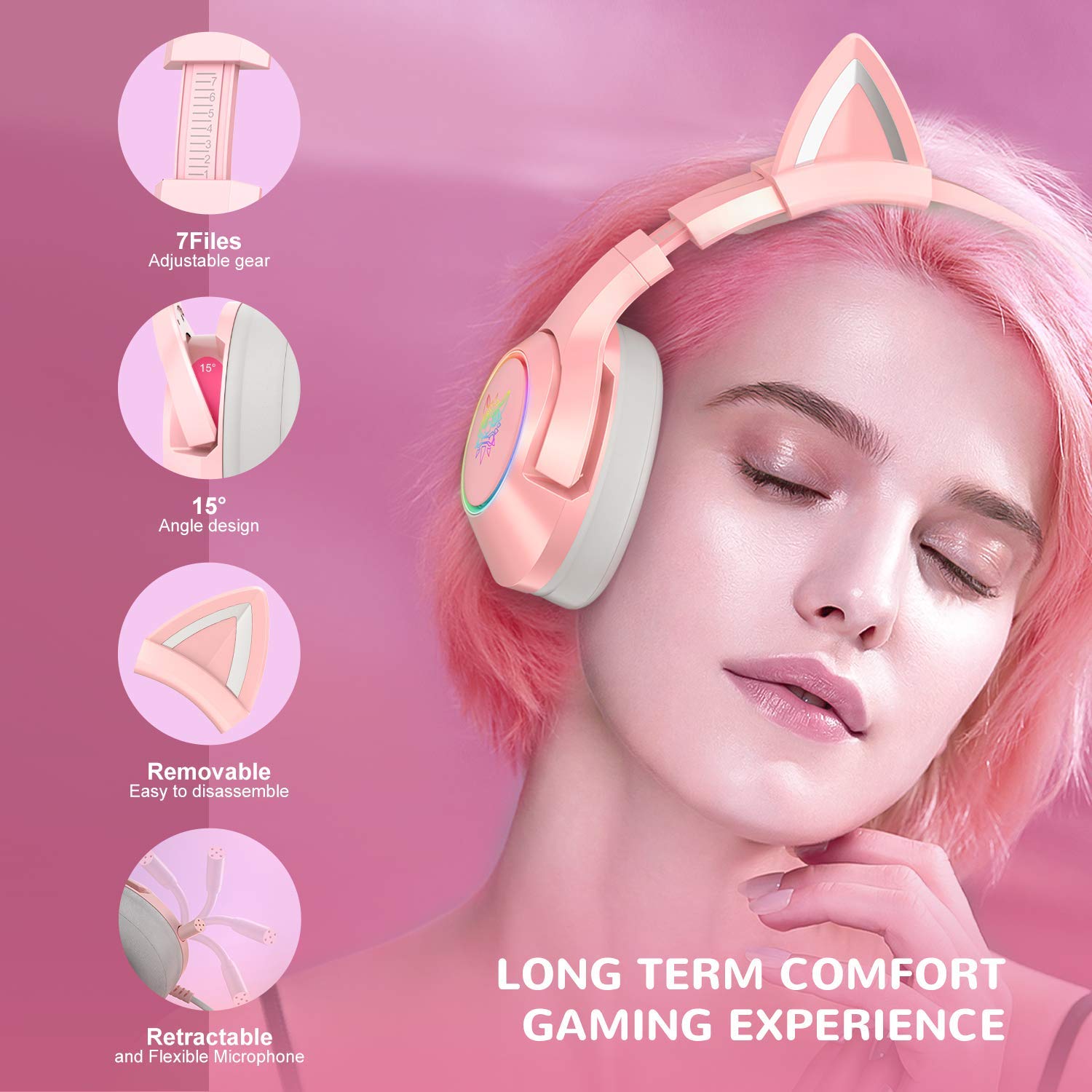 SIMGAL Pink Gaming Headset with Removable Cat Ears, Compatible with PC PS4 PS5 Xbox One(Adapter Not Included) Mobile Phones, with Surround Sound, RGB Backlight & Noise Canceling Retractable Microphone