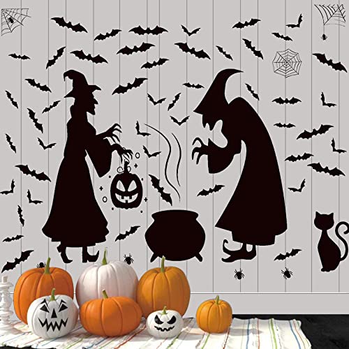 Sika Deer Halloween Window Decorations - Extra Large 2 Witches with Black Cat Bat Spider Cauldron Silhouette Halloween Window Stickers Indoor,Window Clings for Halloween Party Decorations(3 Sheets)