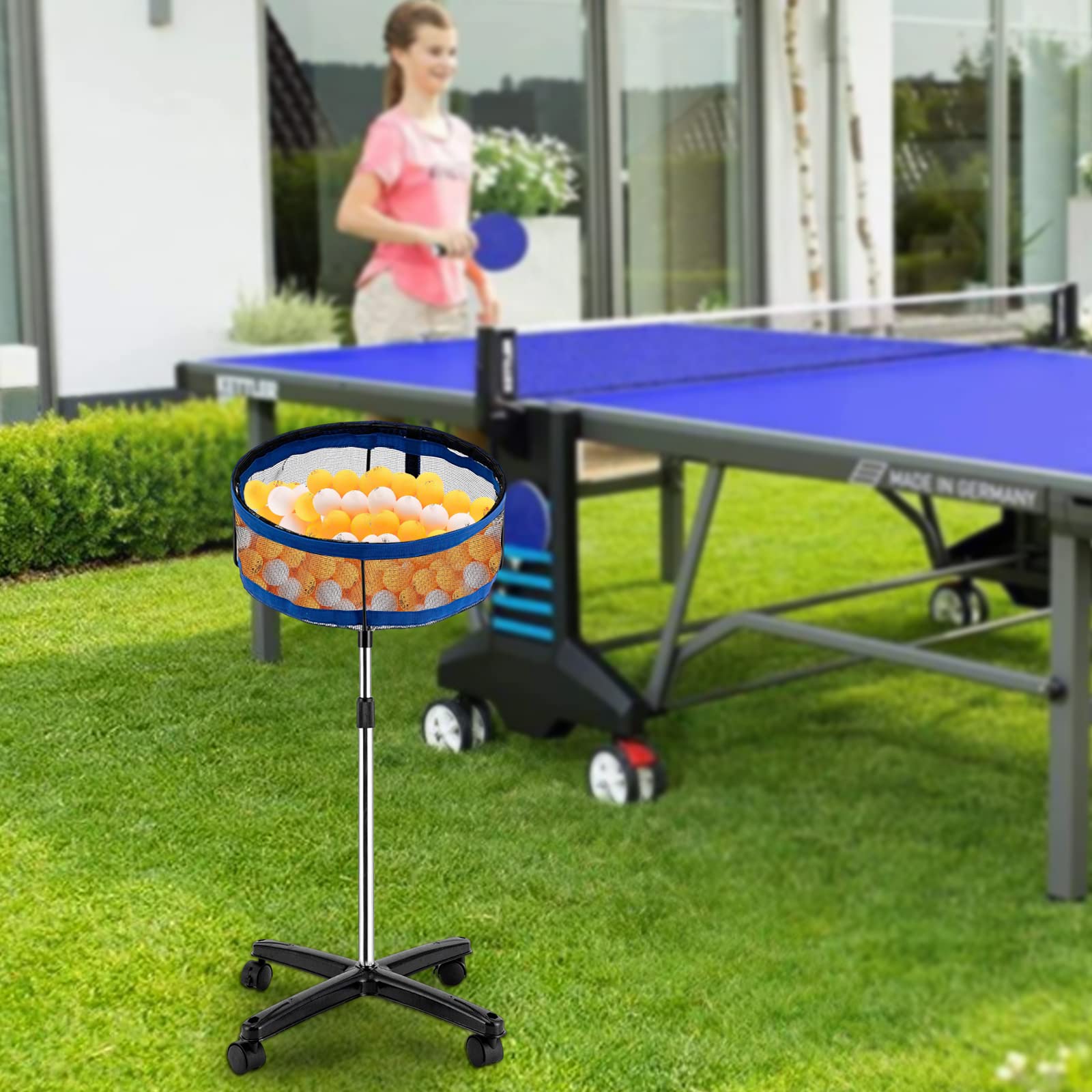 TBVECHI Multi-Ball Storage Stand Ping Pong Ball Collector Height Adjustable Stand for Training, High Capacity Stainless Steel Ball Basin Movable Ball Holder, with Mesh Case for Golf Ball Tennis