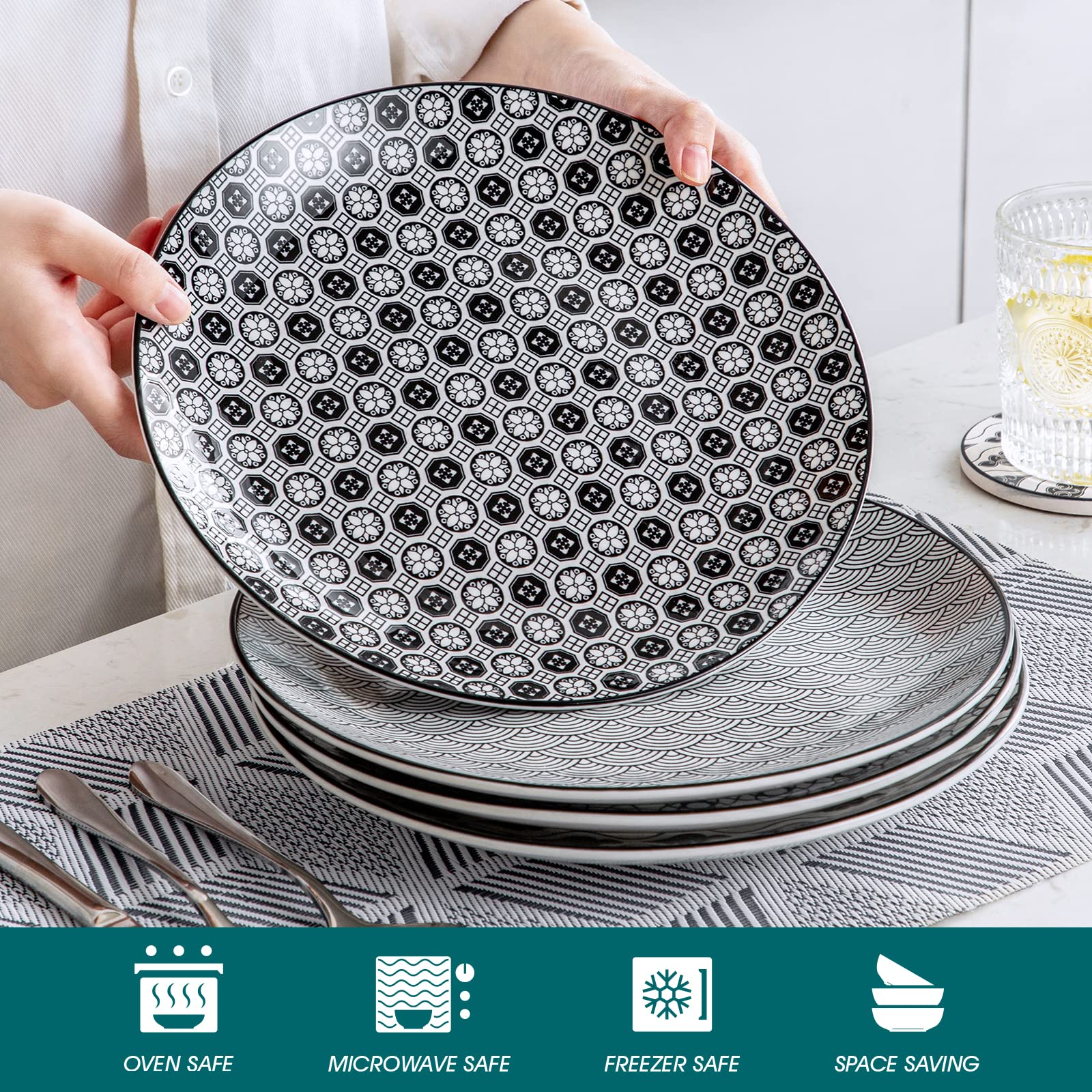vancasso Haruka Ceramic Dinner Plates 10 Inch, Round Salad Plates Fit Steak Fruit Pasta Pancake, Microwave, Oven, Freezer and Dishwasher Safe, Set of 4, Japanese Plates Black and White