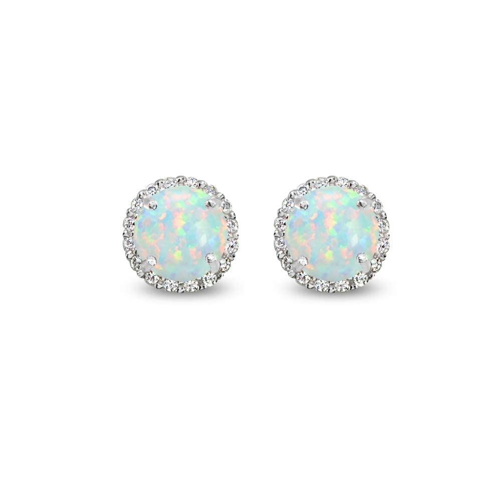 Opal Earrings for Women Sterling Silver 6mm Round Halo Synthetic Opals Stud Earrings