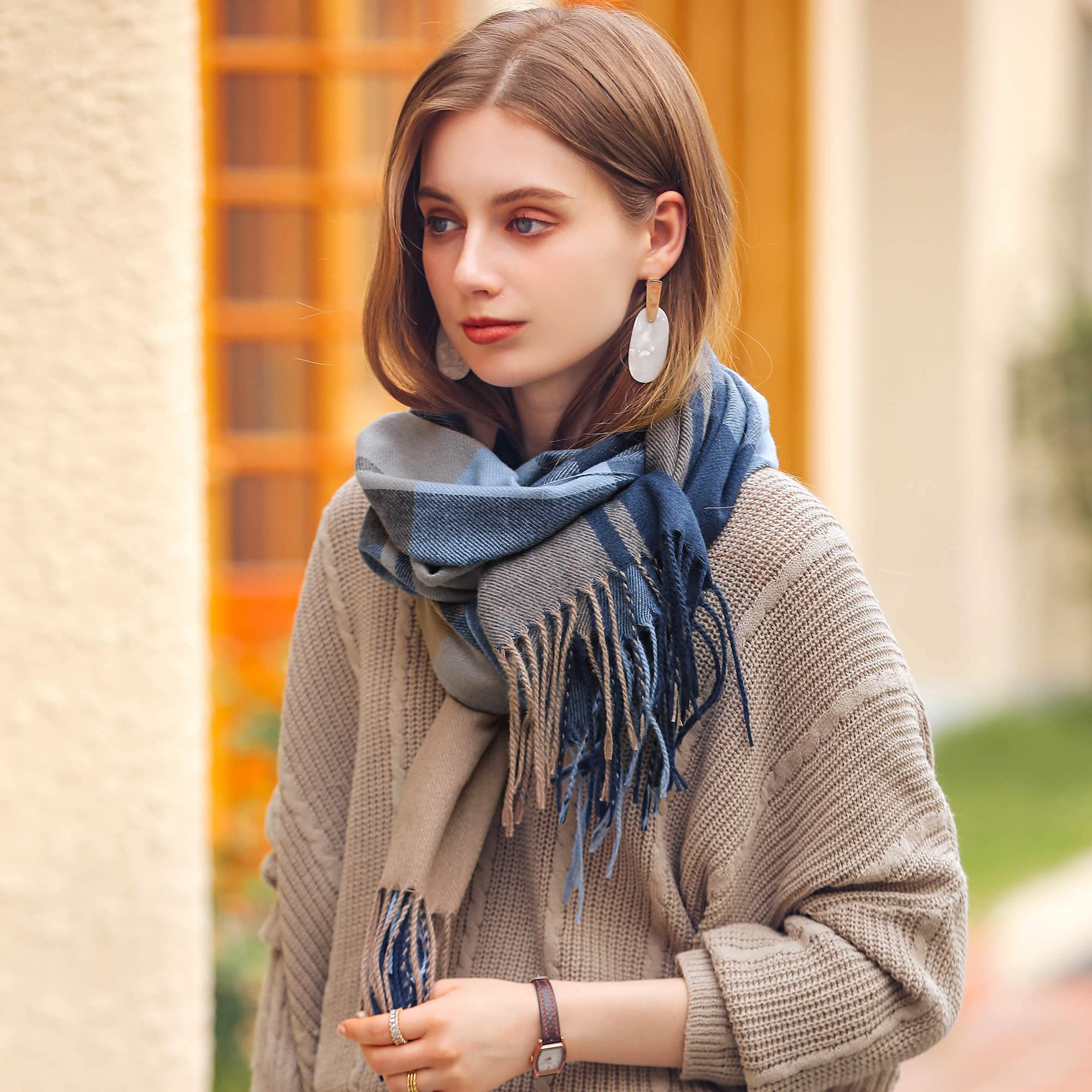 SPELLTIVE Classic Tassel Plaid Soft Cashmere Feel Womens Scarf (Blue Plaid)