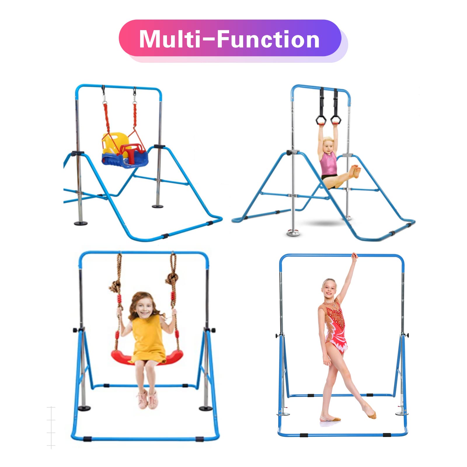 Phagatt Adjustable Height Gymnastics Horizontal Bars Children Folding Monkey Bars Child Gym Climbing Tower Kip Balance Bar (Blue)