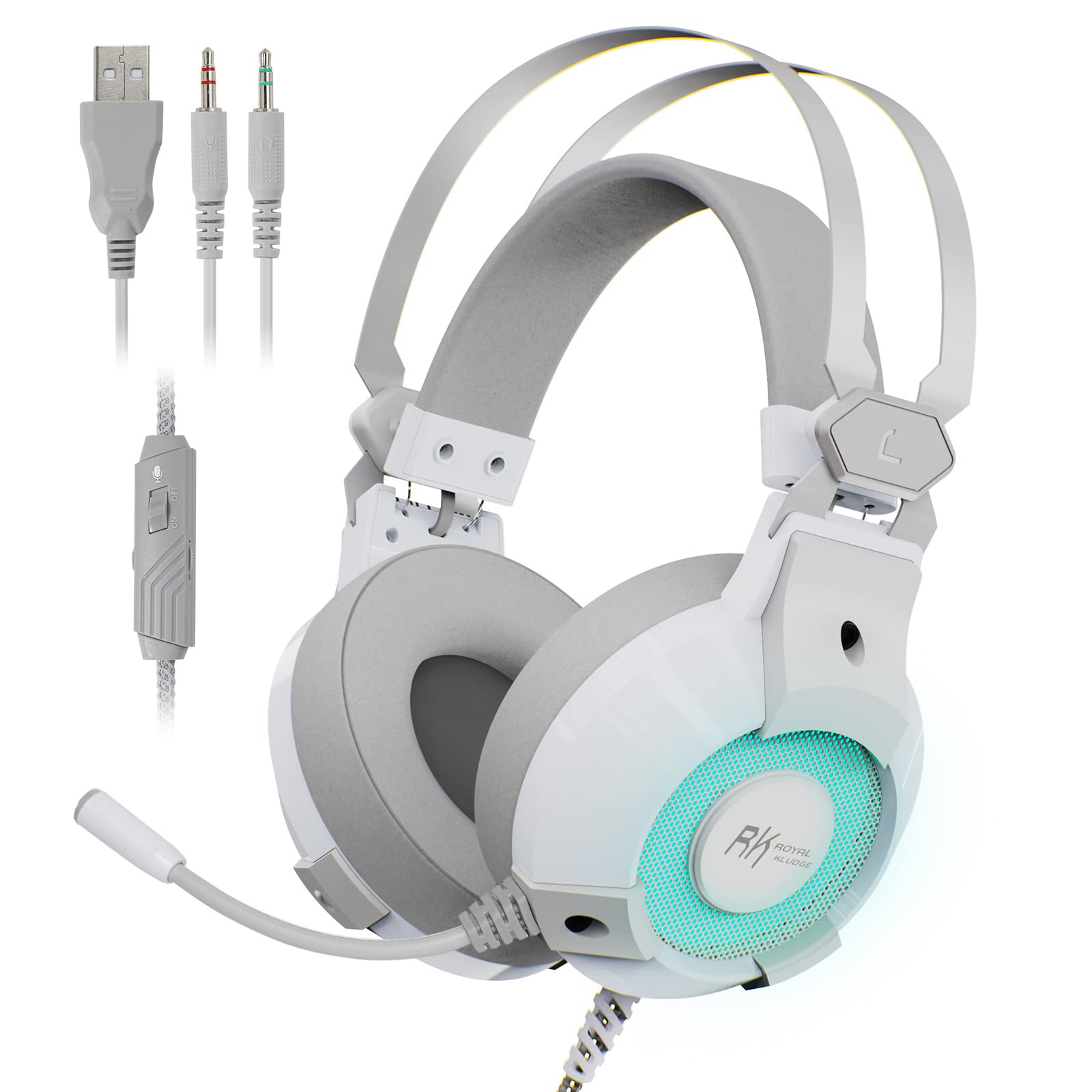 RK ROYAL KLUDGE PS4 Gaming Headset with Microphone, RK E9000 Xbox Headset PS5 Headphone with Mic Noise Cancelling RGB Lights 7.1 Surround Sound for PS4 PS5 Xbox One Nintendo Switch PC, White