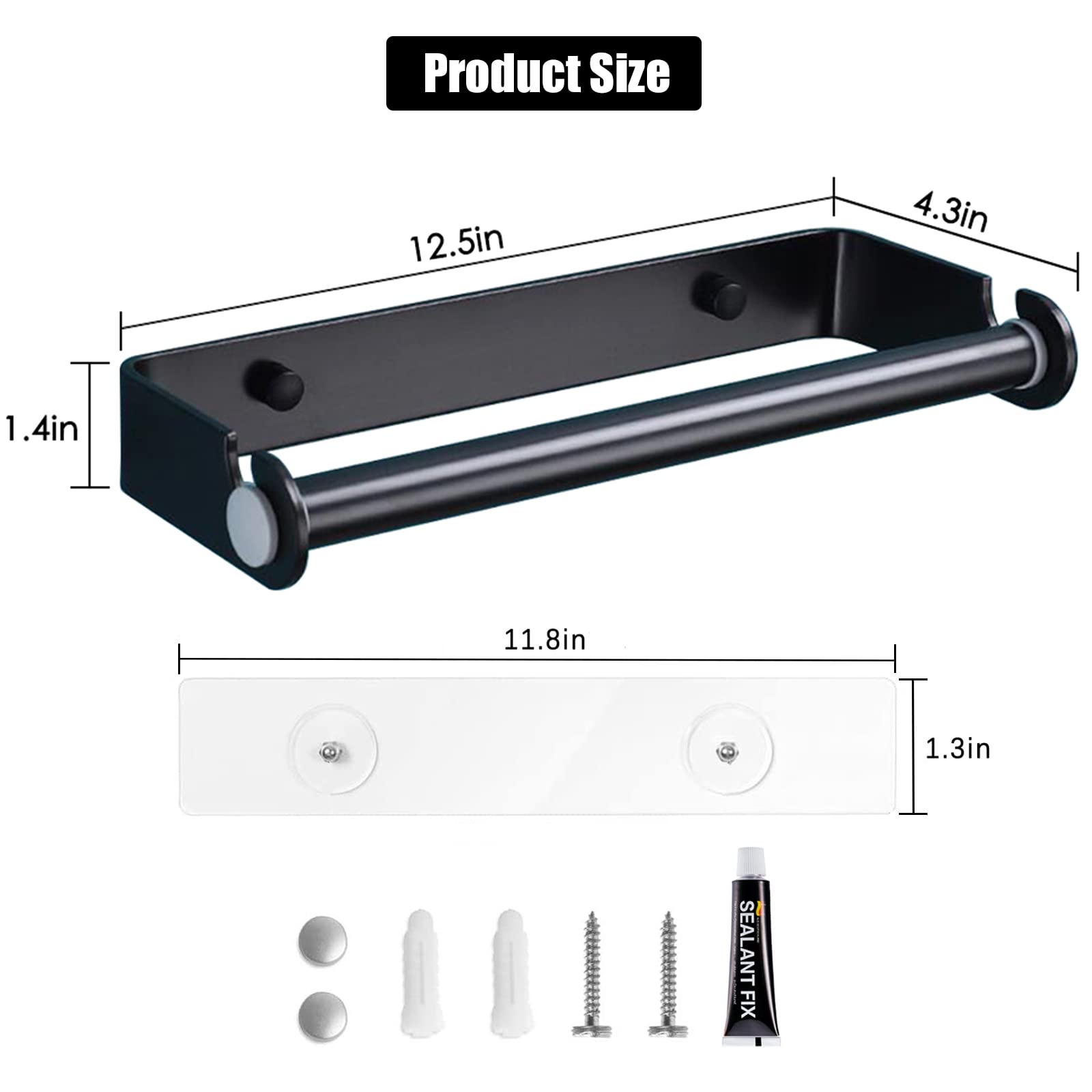 URALFA Under Cabinet Paper Towel Holder Wall Mount, Paper Towel Roll Holder Both Available in Adhesive and Screws, Paper Towel Rack for Kitchen, Bathroom, Pantry, Sink (Black)