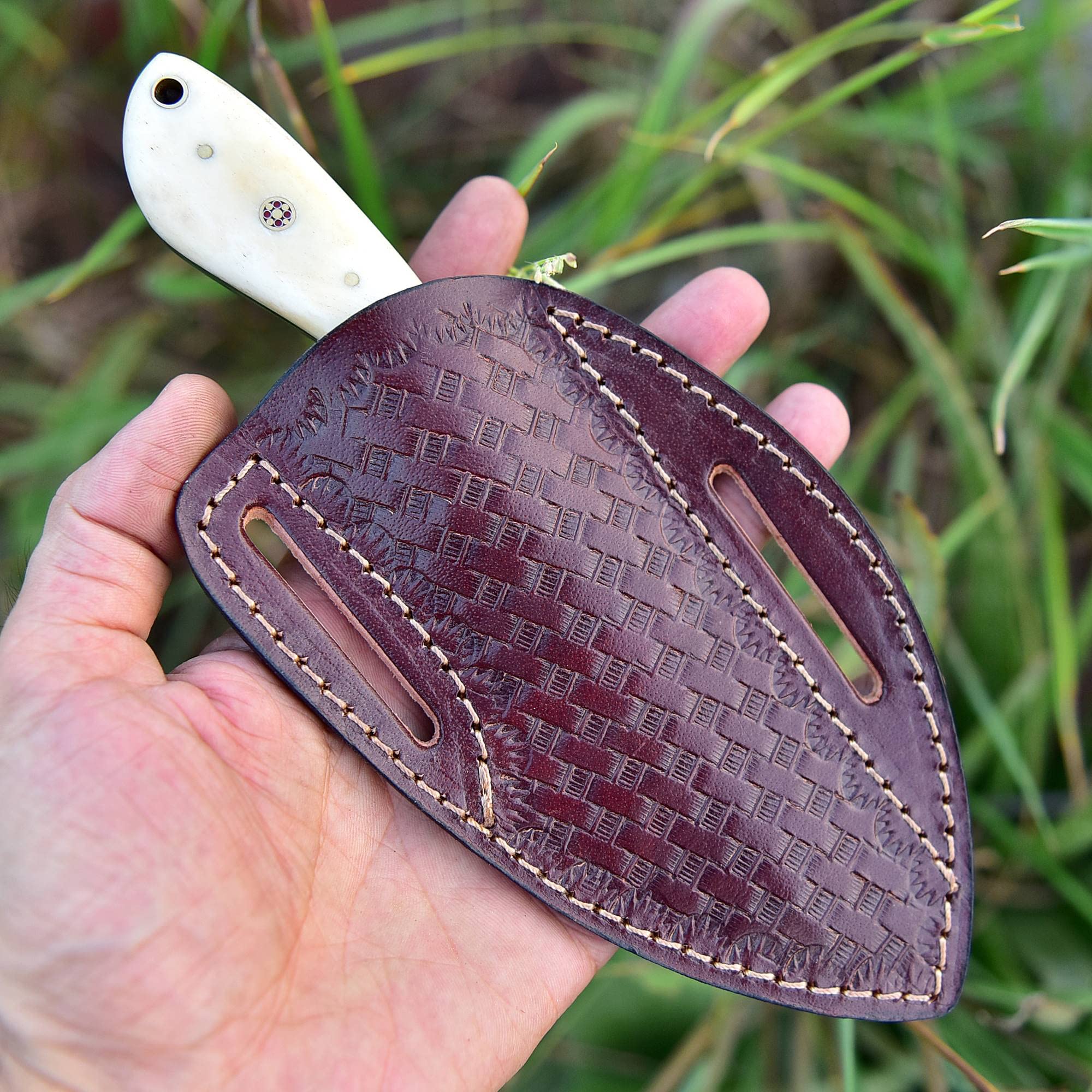 Wolf Craft WOLF CARFT Handmade Damascus Steel Hunting Knife Fixed Blade, Bone & Rose Wood Handle Damascus Steel Knife Skinning Knife With Leather Sheath