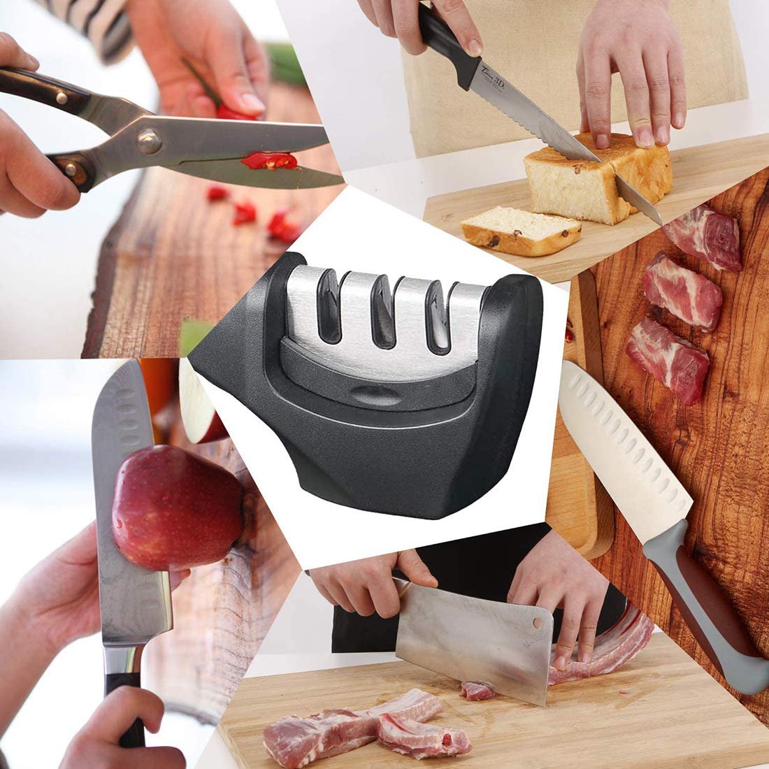Sharp Knife Sharpener - Professional 3 Stage Manual Sharpener for Sharpening Kitchen Knives - Cerami