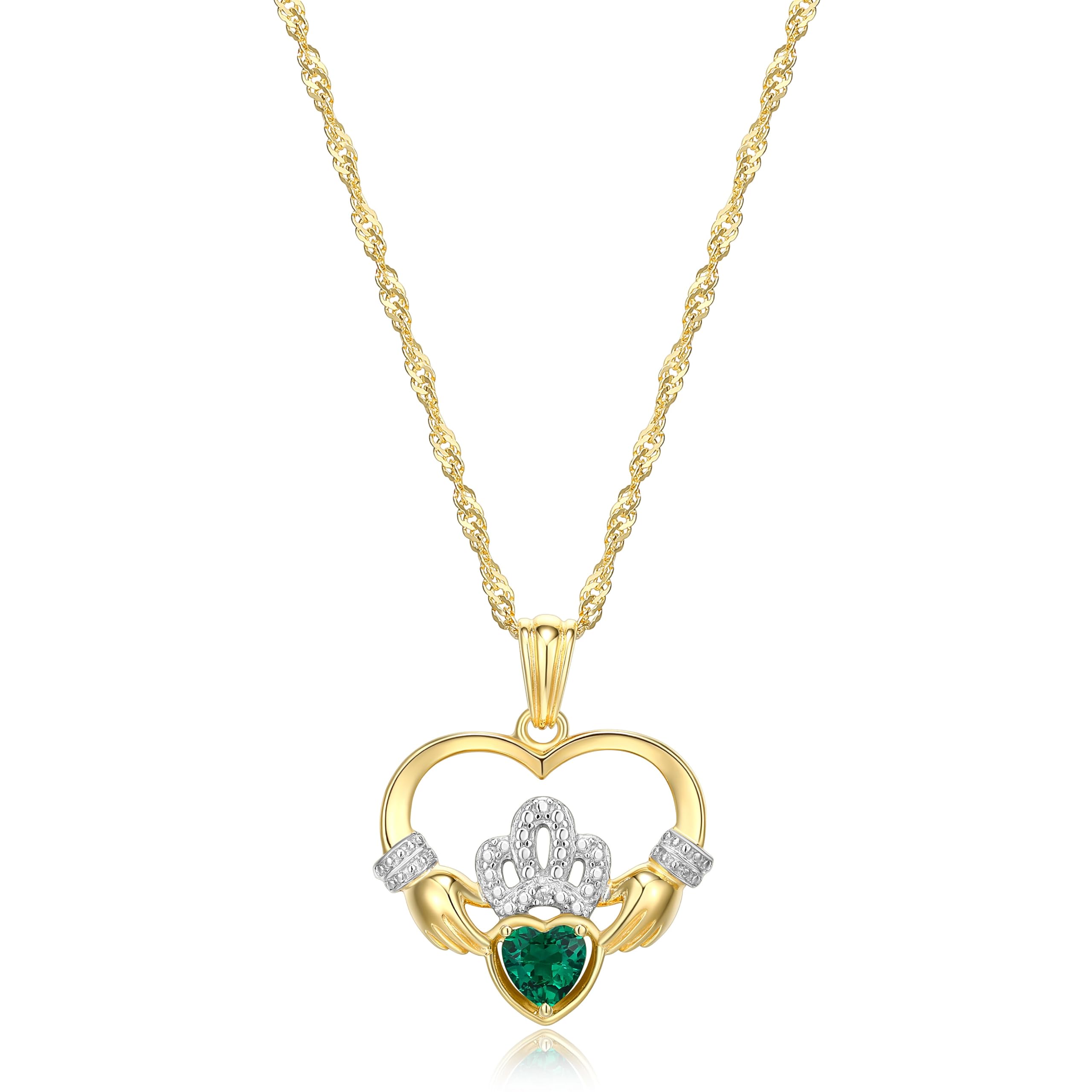 MORGAN & PAIGE 18K Yellow Gold-Plated .925 Sterling Silver Lab-Grown Emerald Diamond-Accented 1" Claddagh Heart Pendant Necklace on 18" Chain - May Birthstone