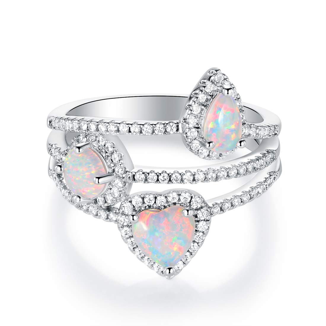 OPALBEST Opal Rings,18K White Gold Plated Heart/Square Fire Opal Cocktail Promise Rings for Women (C-white 3 types, 6)