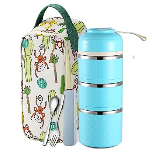TiLeMiun 3-Tier Thermal Lunch Box For Food, Portable Insulated Lunch Container, Stackable Bento Lunch Box For Aldults To Work, Leakproof Stainless Steel Food Container With Bag & Utensils (Blue 71oz)