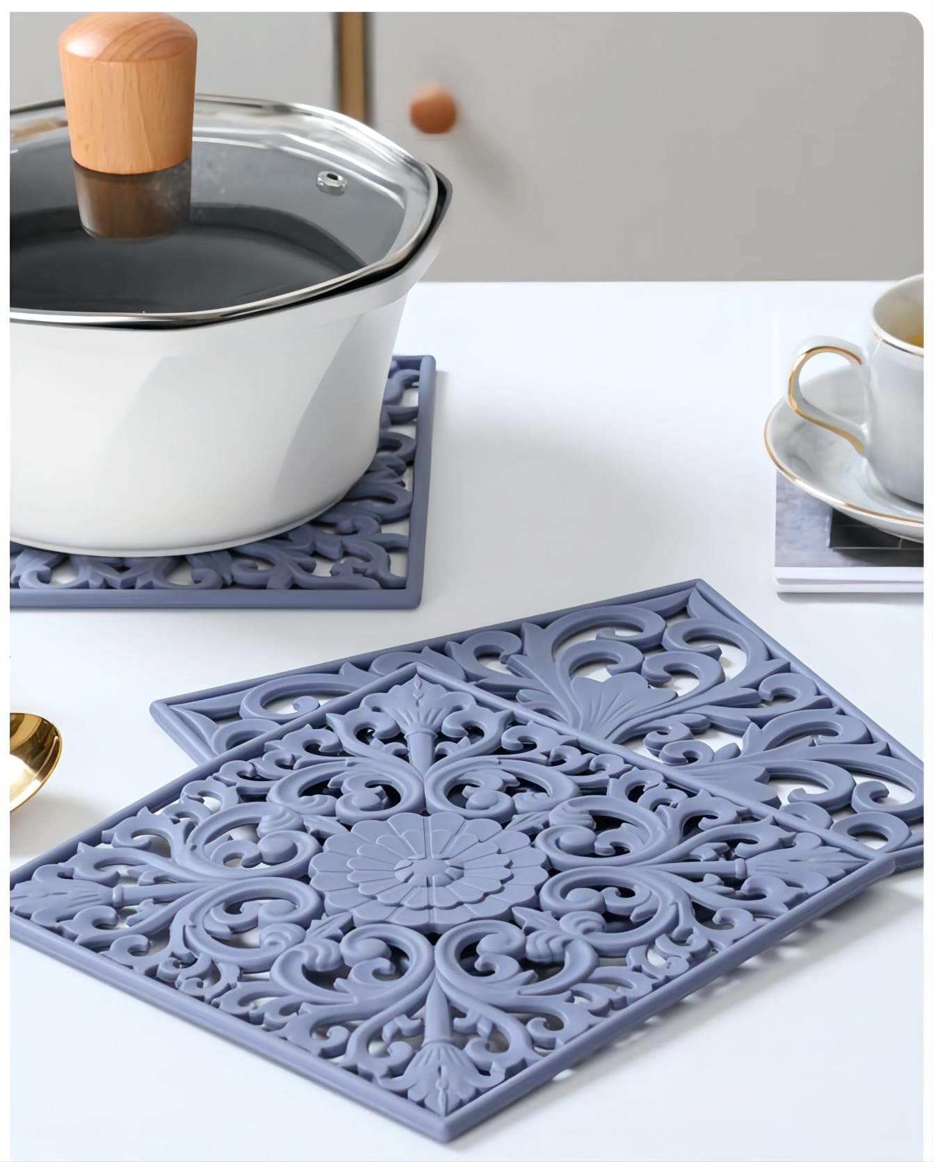Viwehots Silicone Trivets Mats for Hot Pots and Pans, Square Non Slip Mat for Table Multi-Use Carved Hot Pads and Mats, Flexible Modern Pad Heat Resistant Big Teapot Coaster Set of 3 Blue