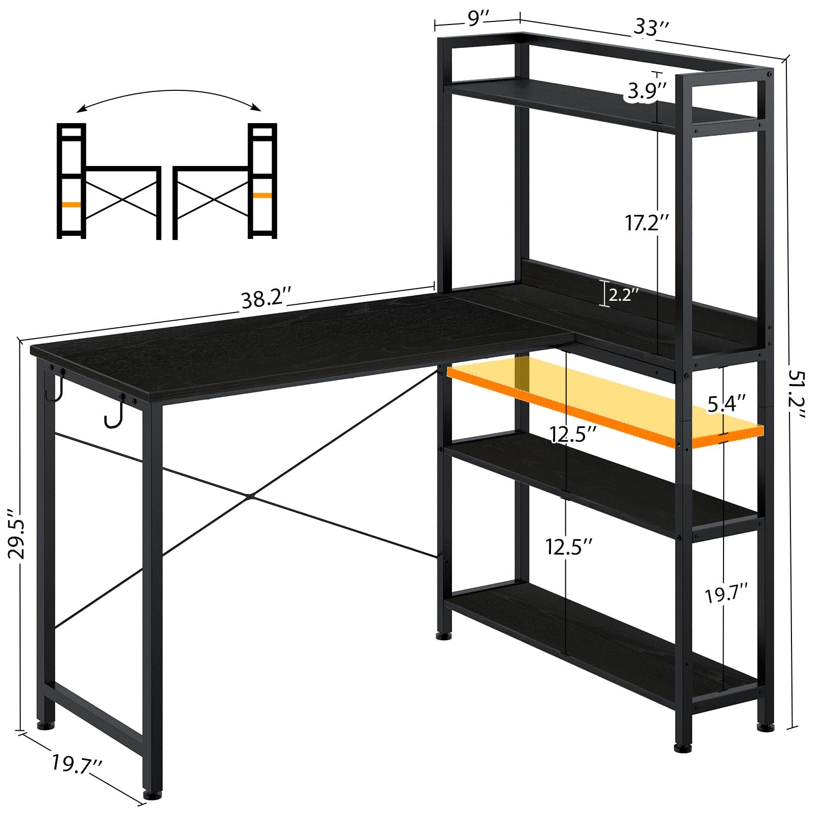 Rolanstar Computer Desk with Storage Shelves 47", Home Office Desk with 4-Tier Reversible Bookshelf, Modern Writing Table Workstation, Study Corner Desk for Small Space, Black
