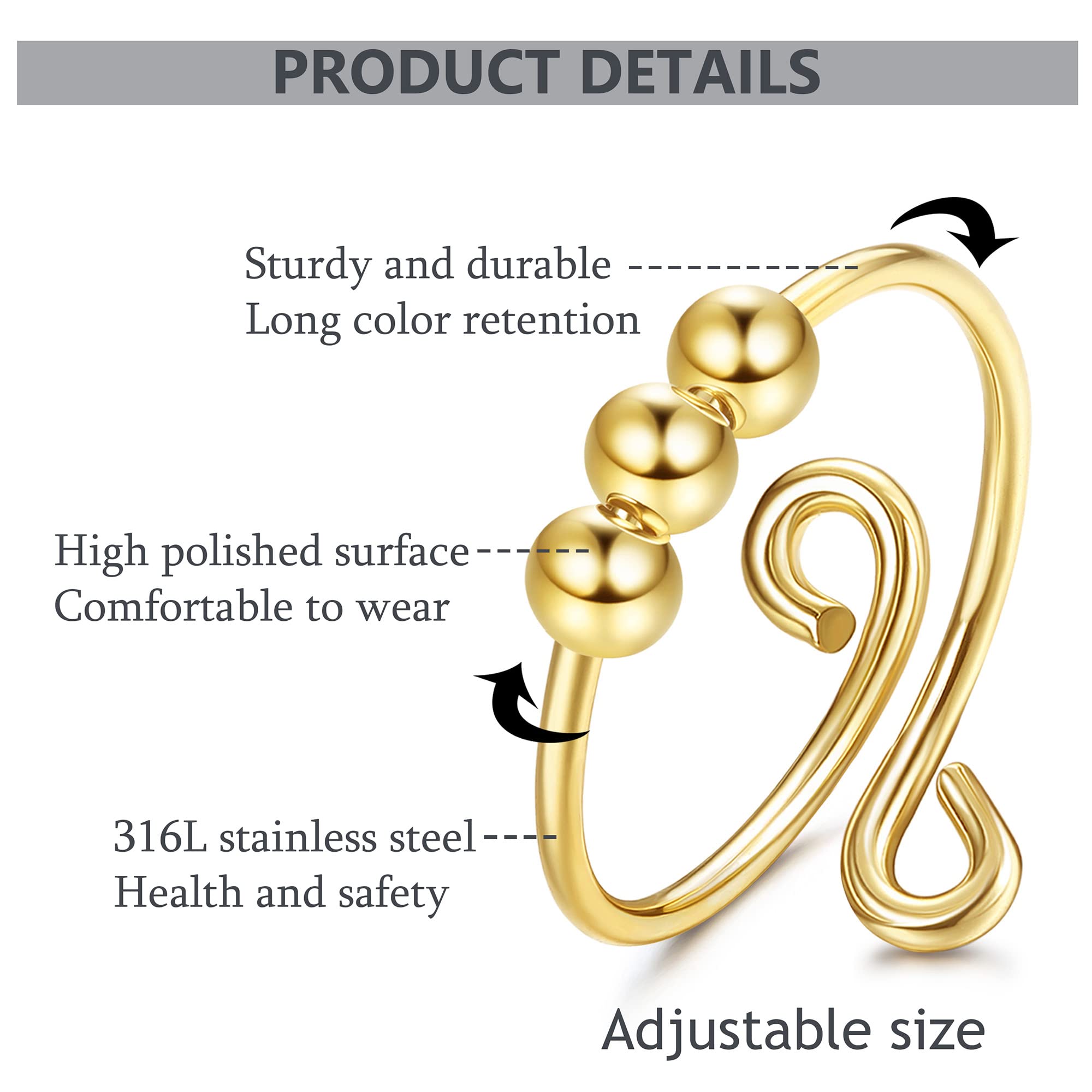 RnBLM JEWELRY 9Pcs Fidget Rings for Anxiety with Beads Anxiety Ring for Women Men Spinner Fidget Rings Stress Relief Stackable Rings Adjustable