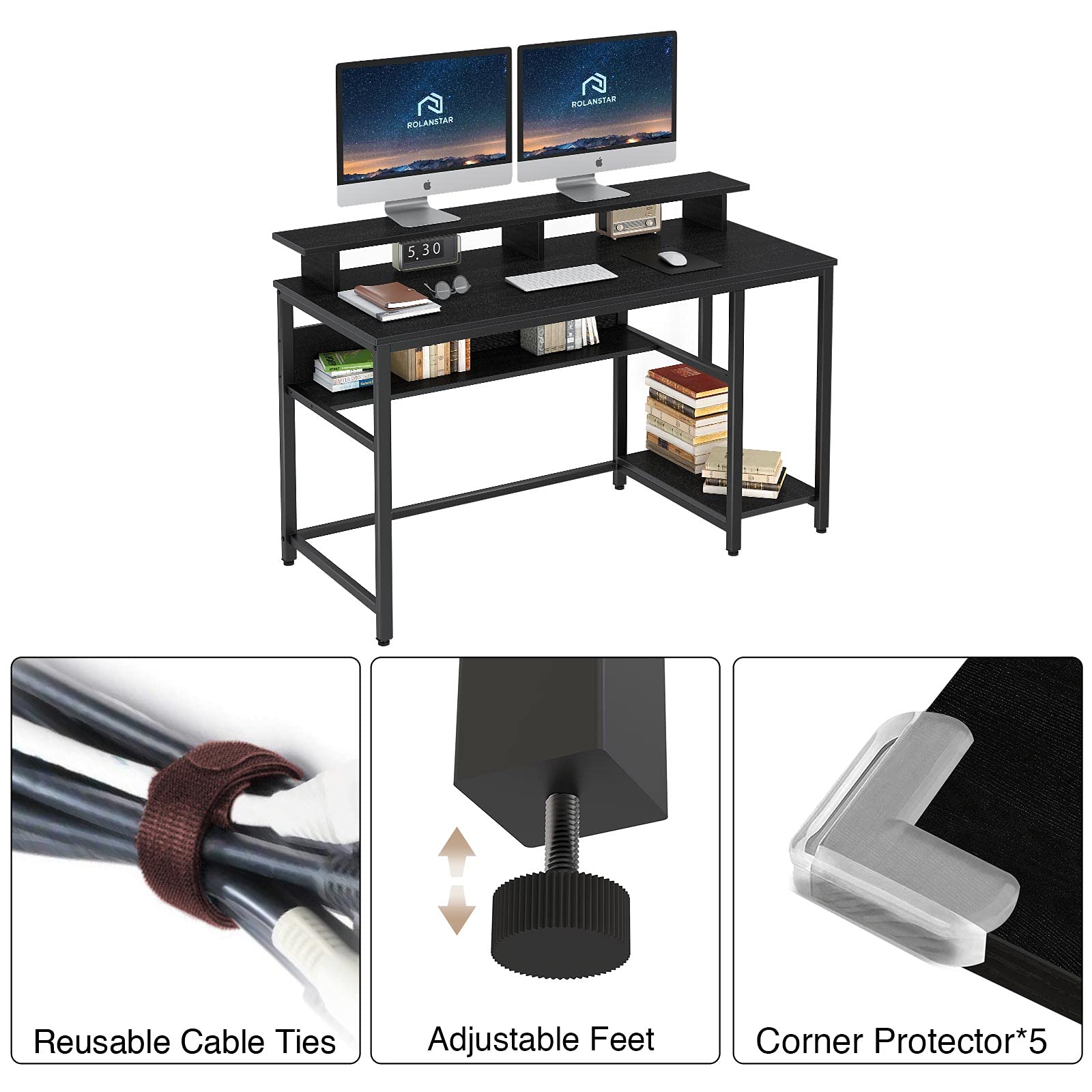 Rolanstar Computer Desk with Monitor Shelf, 55" Home Office Desk, Study Writing Desk, Sturdy Table, Workstation, Stable Metal Frame, Black