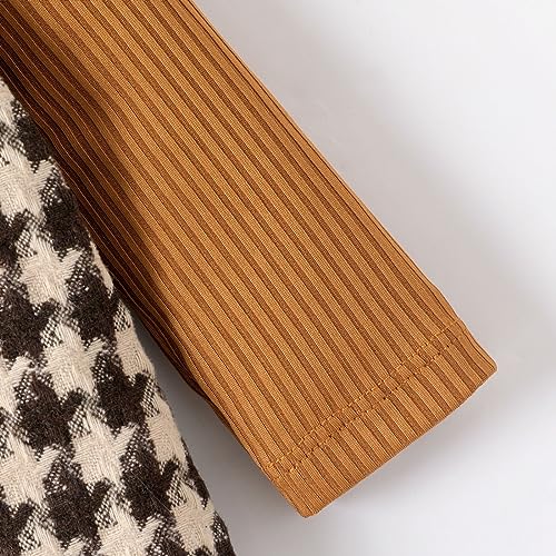 PATPAT Toddler Girl Ruffle Mock Neck Long Sleeve 2 Piece Houndstooth Spaghetti Strap Winter Fall Dress Brown 3 Years