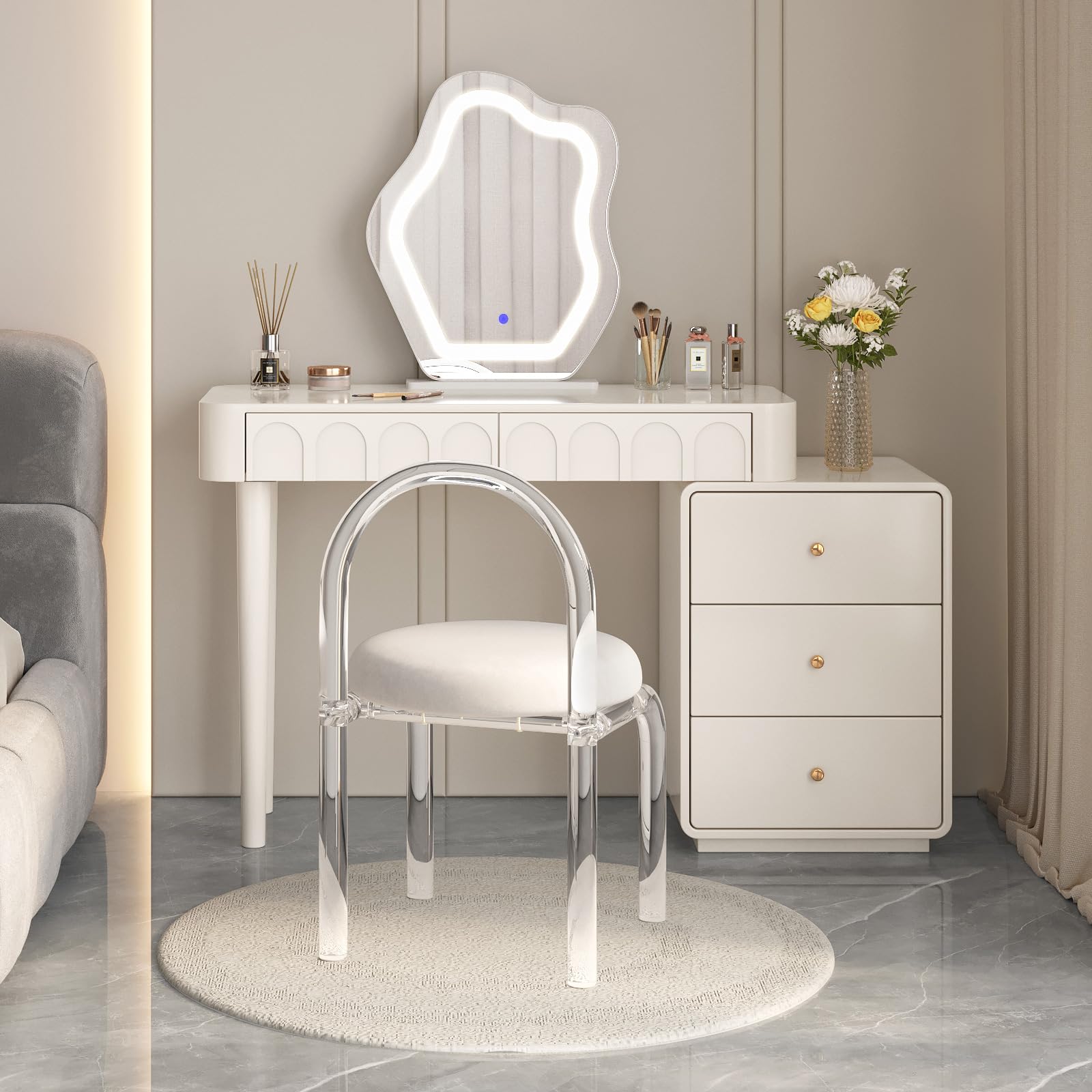 Miuuod Makeup Vanity Desk & Chair & Lighted Mirror,Modern Cosmetics Table with Storage Carbinet and Drawers Adjustable Direction Makeup Table Dressing Table for Women Girls Vanities for Bedroom White