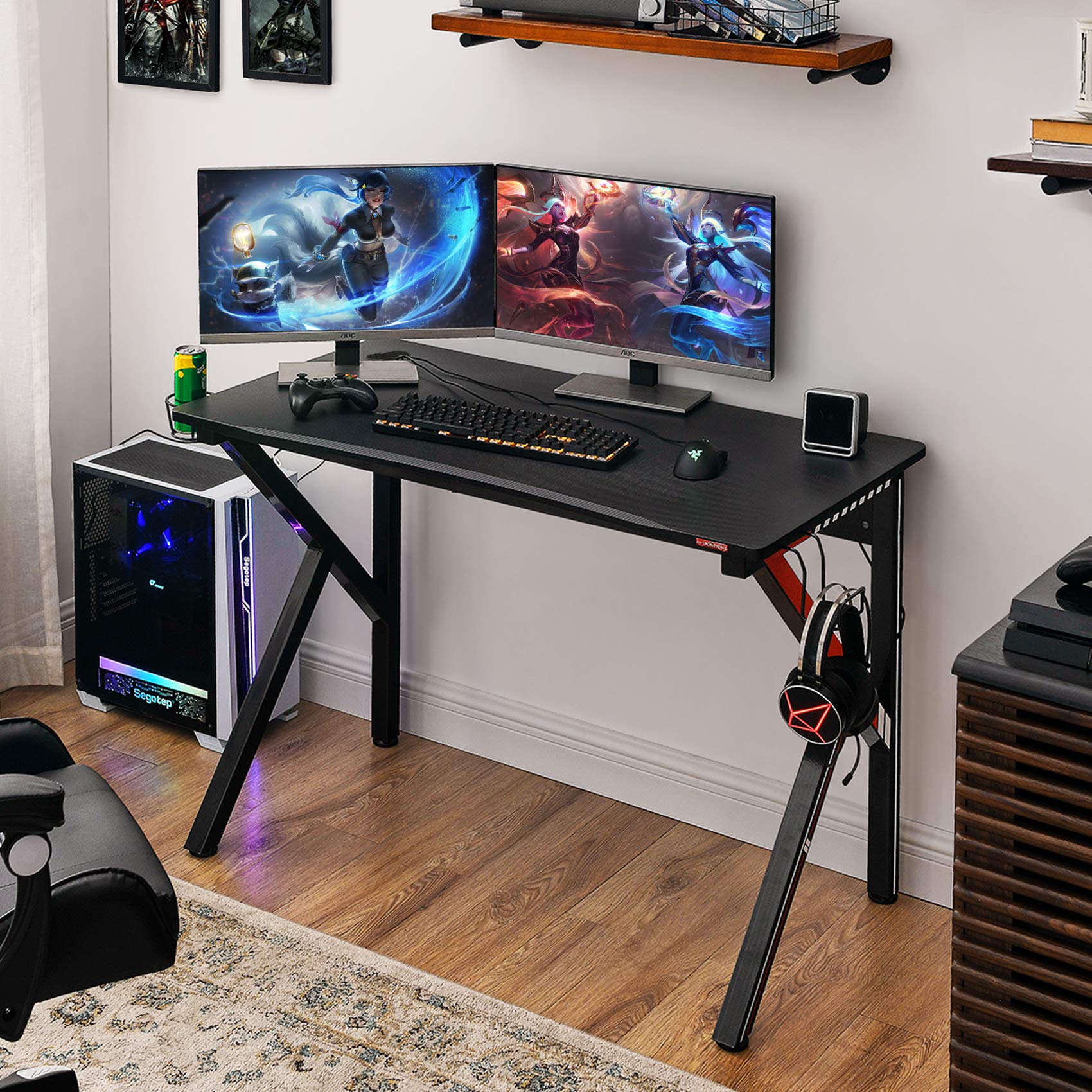 Mr IRONSTONE Gaming Desk 45.2" W x 23.6" D Home Office Computer Desk, Gamer Workstation with Socket of 3-Outlet & 2 USB Ports, Cup Holder, Headphone Hook and Cable Management (Red)